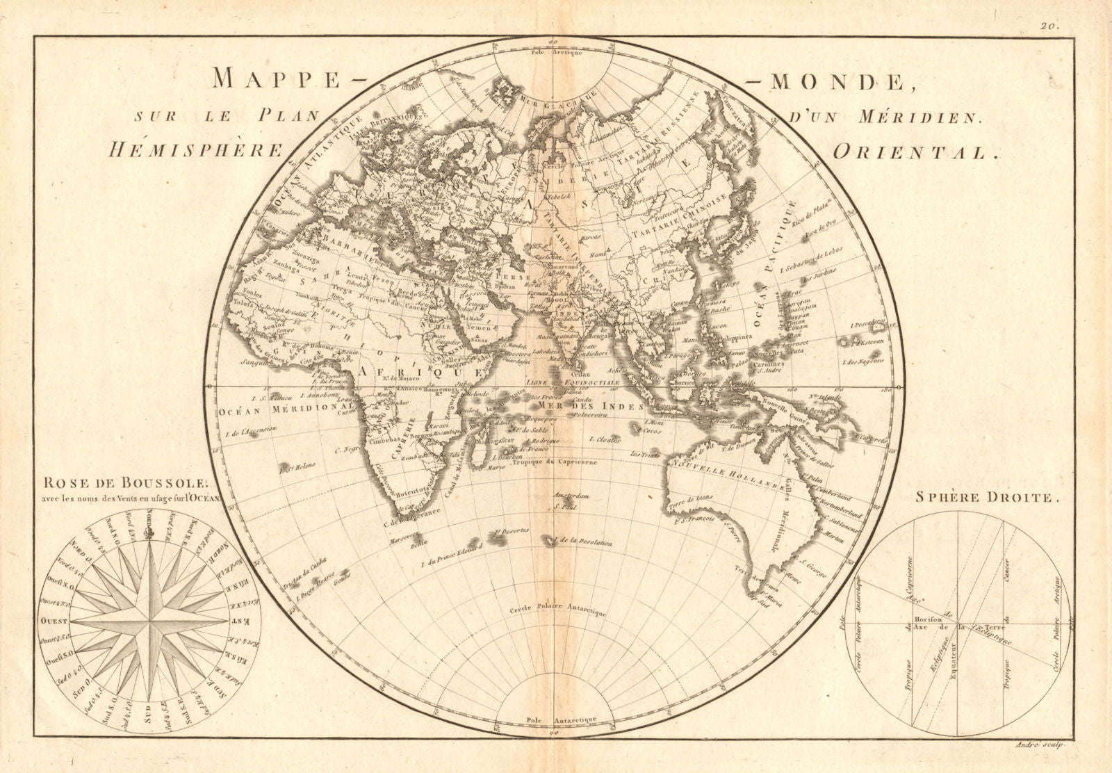 Mappe-monde sur le plan d’un Méridien, hemisphere Oriental. BONNE 1787 ...