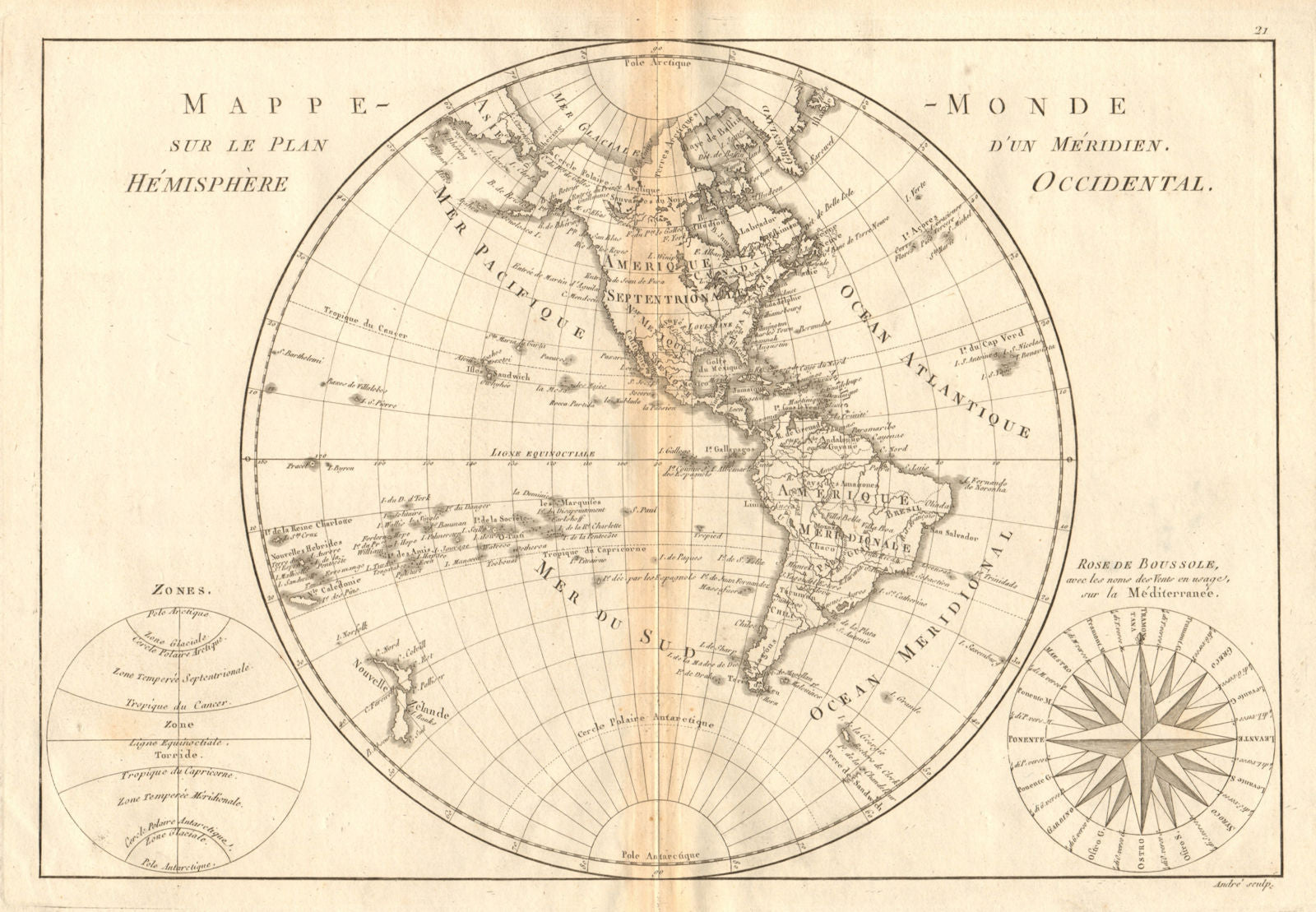 Mappe-monde sur le plan d’un Méridien, hemisphere Occidental. BONNE ...
