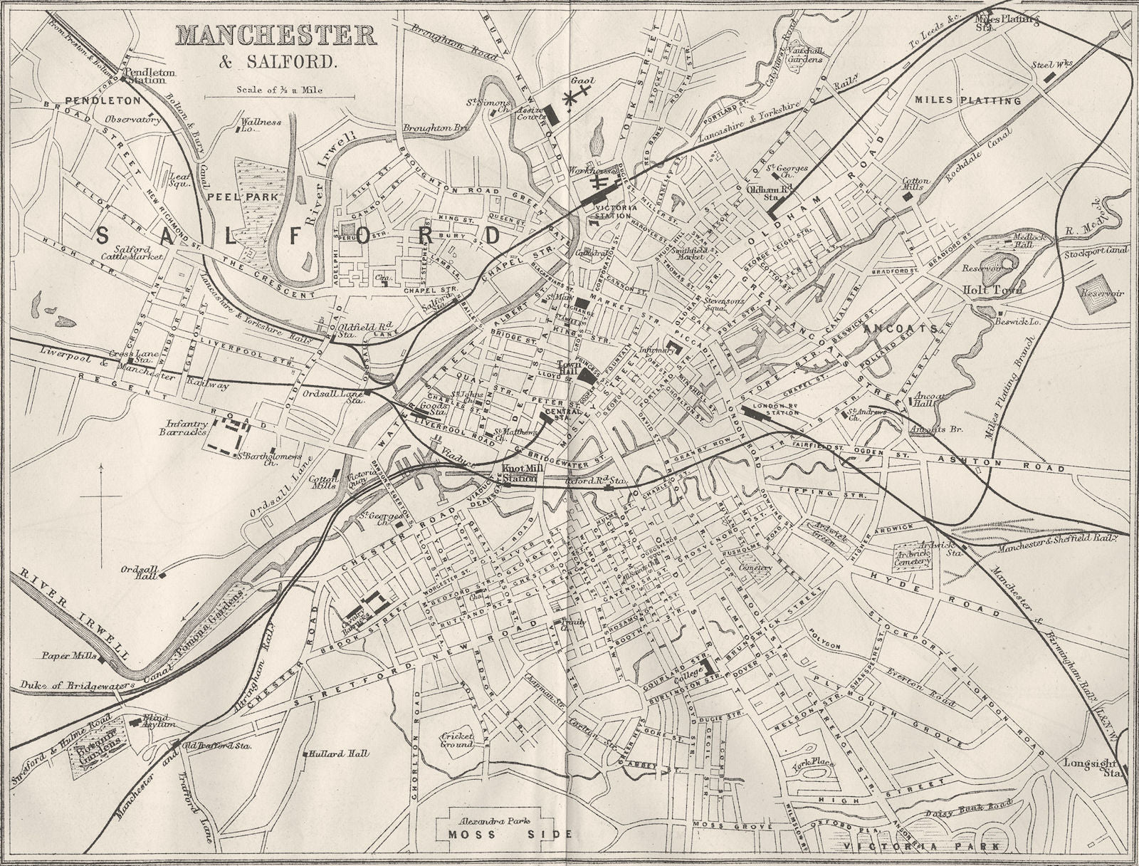 LANCS. Manchester & Salford town plan 1874 old antique vintage map ...