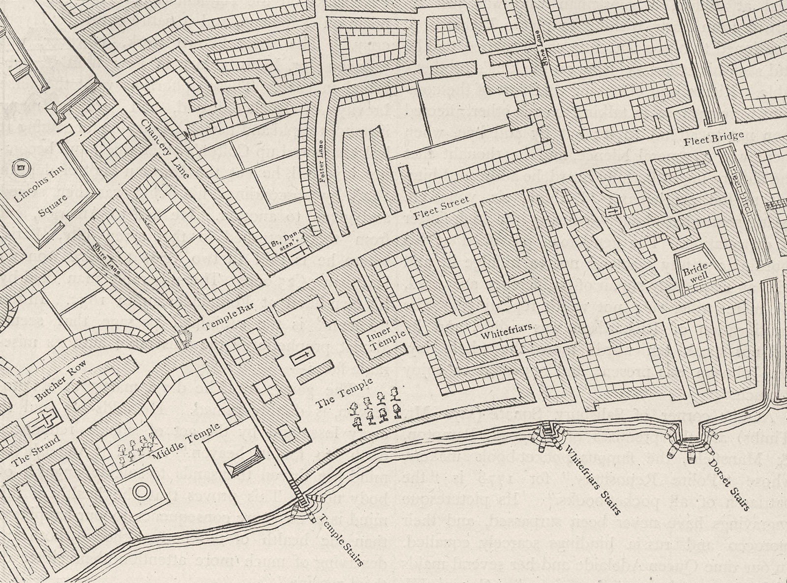 FLEET STREET. Fleet Street, the Temple, &c from a 1720 map. London ...