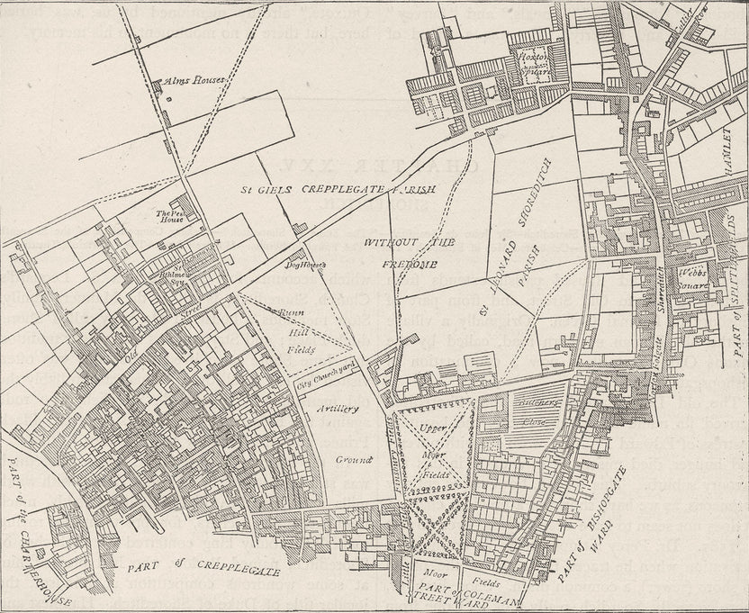 CITY OF LONDON. Moorfields & neighbourhood (from a 1720 map) c1880 old ...