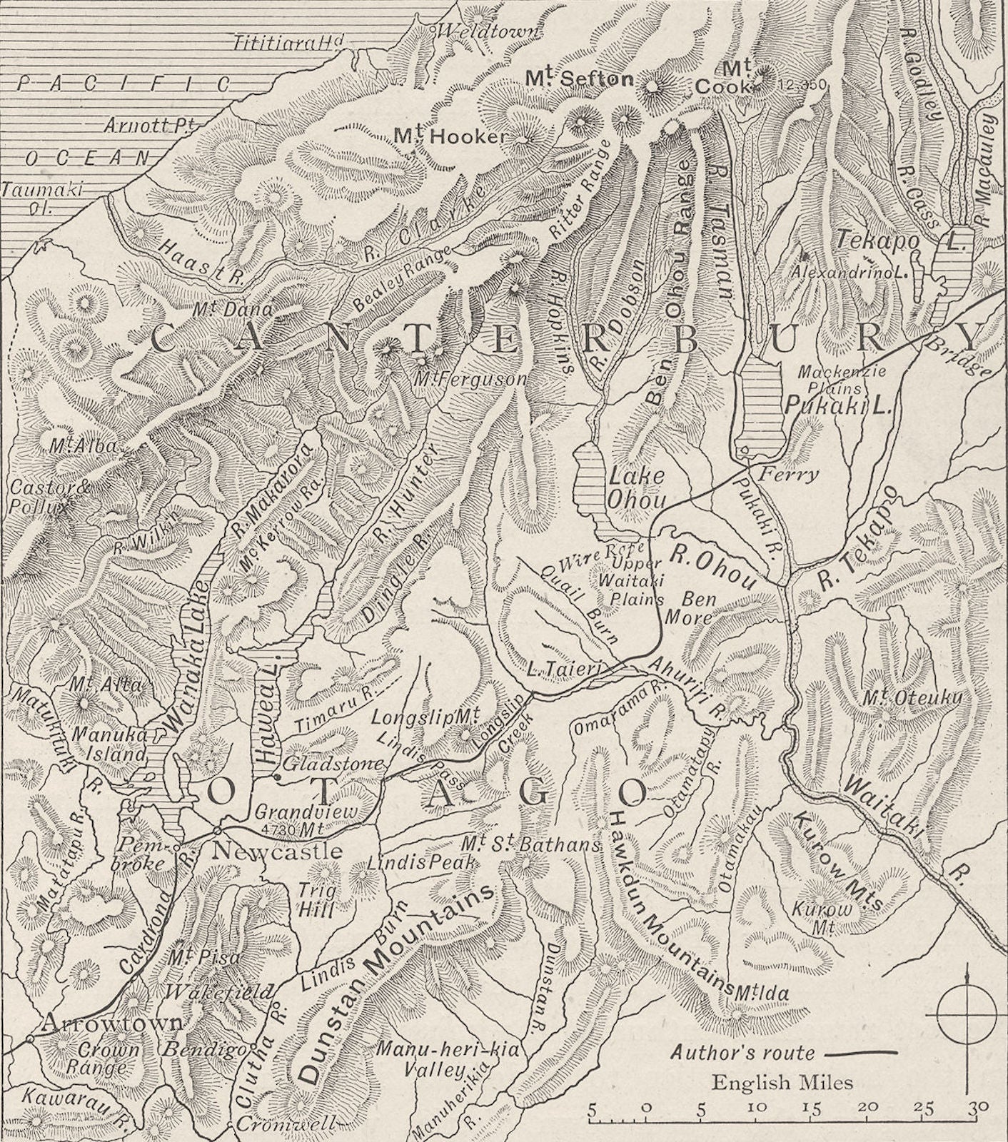 MOUNT COOK. Map. Author's route from Arrow Town 1890 old antique chart ...