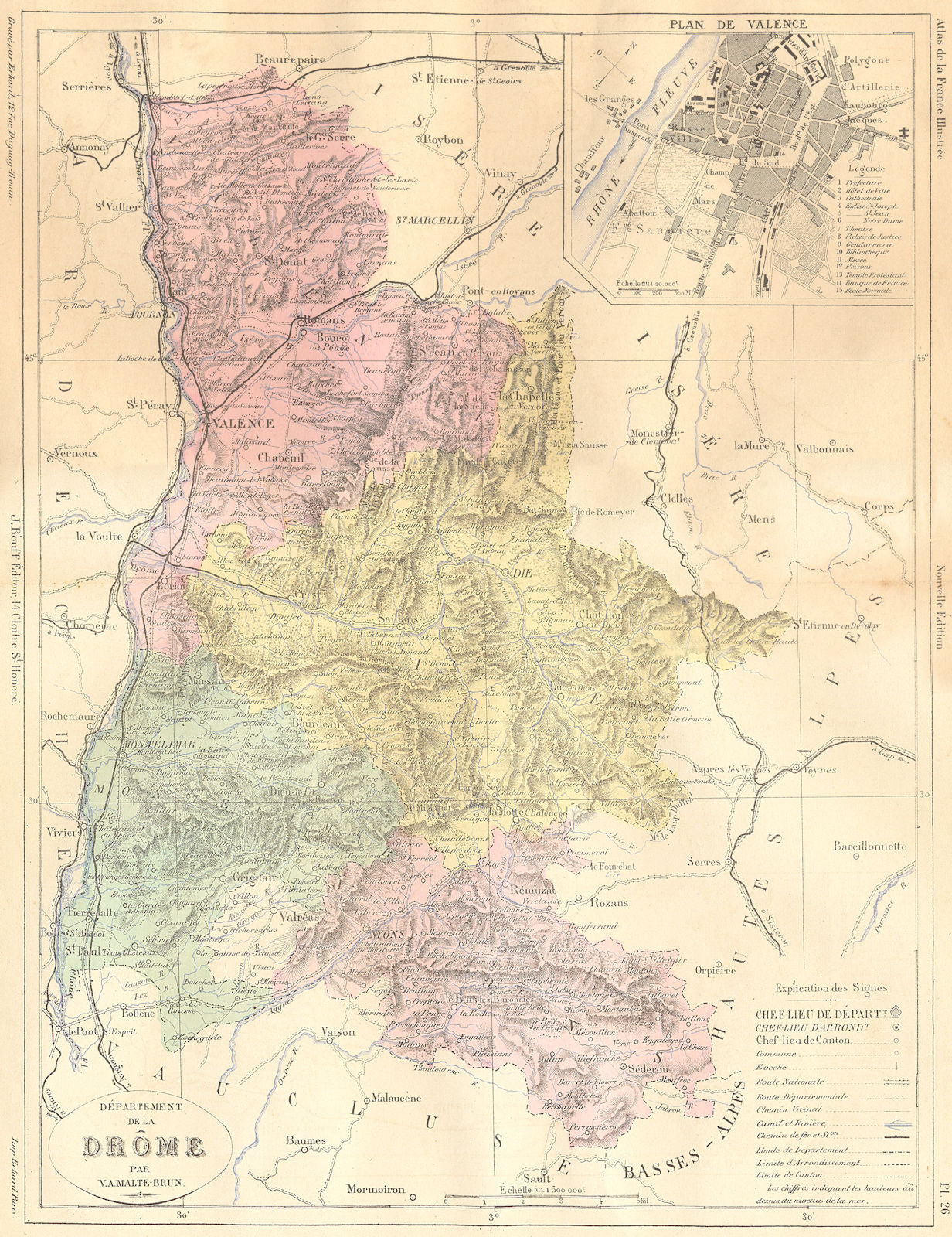 DRÔME. Departement de Drome; plan Valence 1881 old antique map chart ...