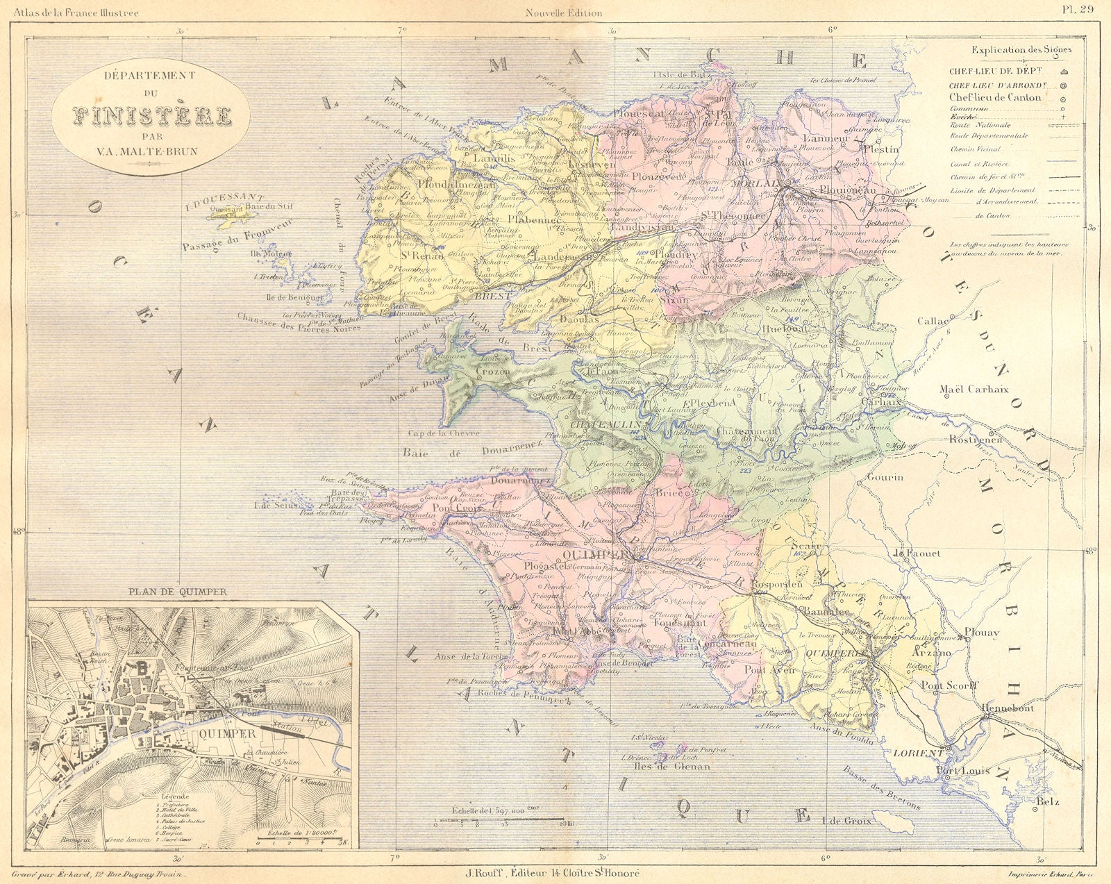 FINISTERE. Departement du; plan de Quimper 1881 old antique map chart ...