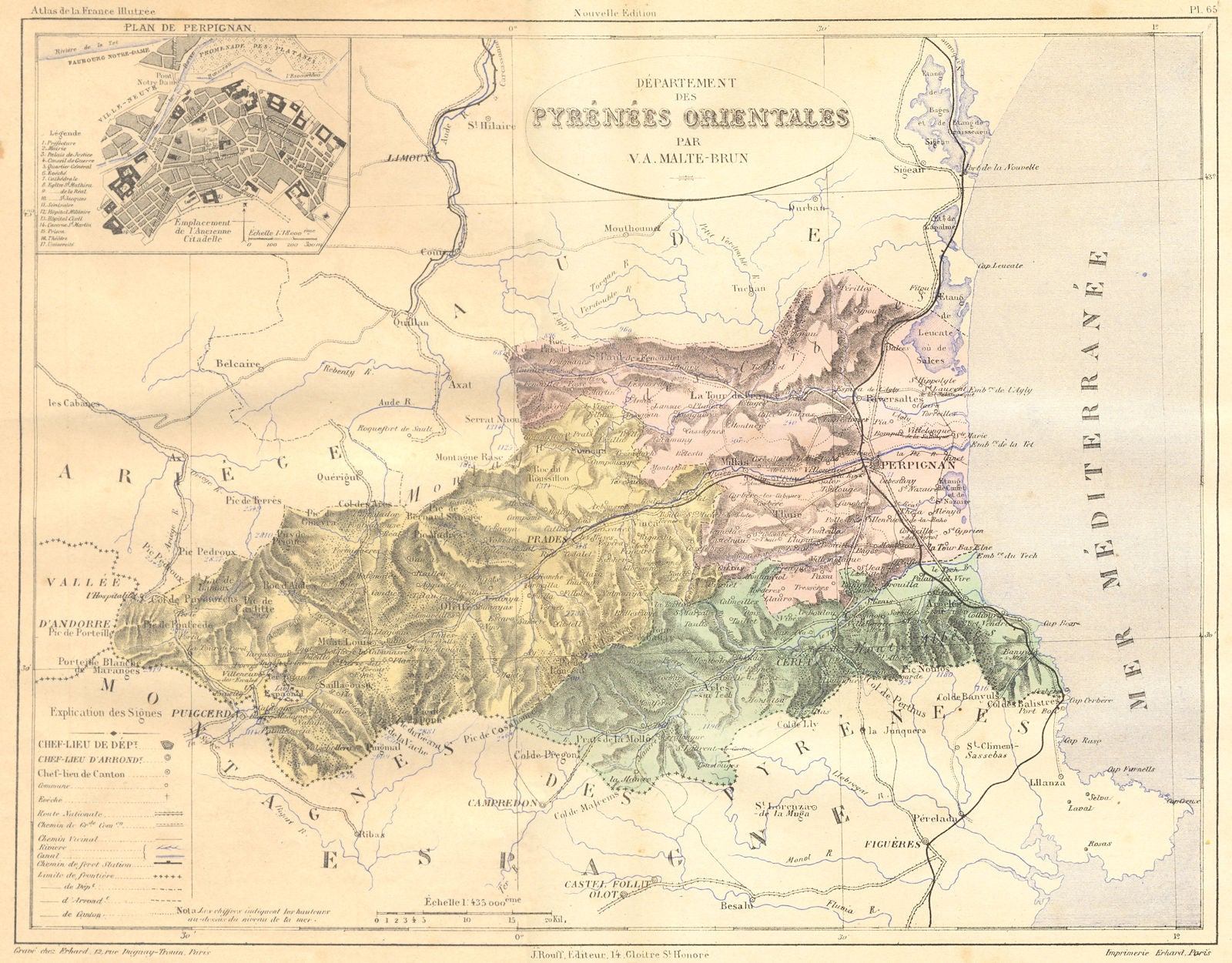 PYRENEES ORIENTALES. Pyrenees; Perpignan 1882 old antique map plan ...