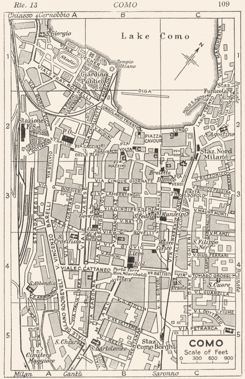 COMO town/city plan. Italy 1953 old vintage map chart ...