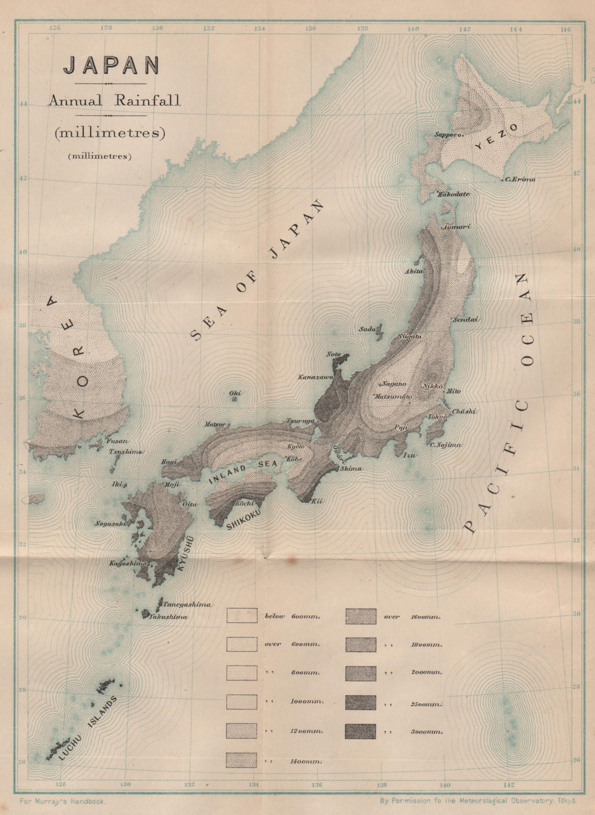 JAPAN. Annual Rainfall(Millimetres) 1907 old antique vintage map plan ...