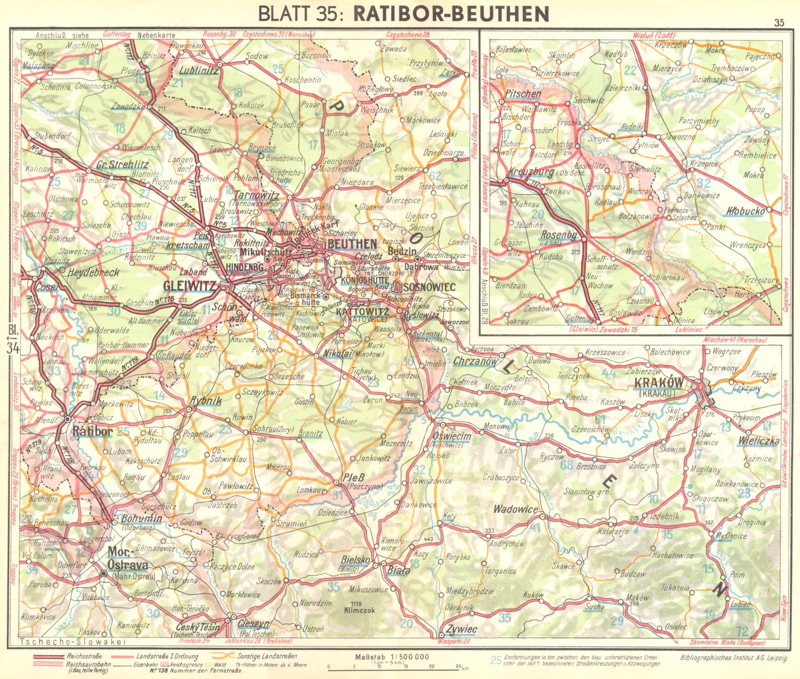 POLAND. Raciborz-Bytom 1936 old vintage map plan chart ...