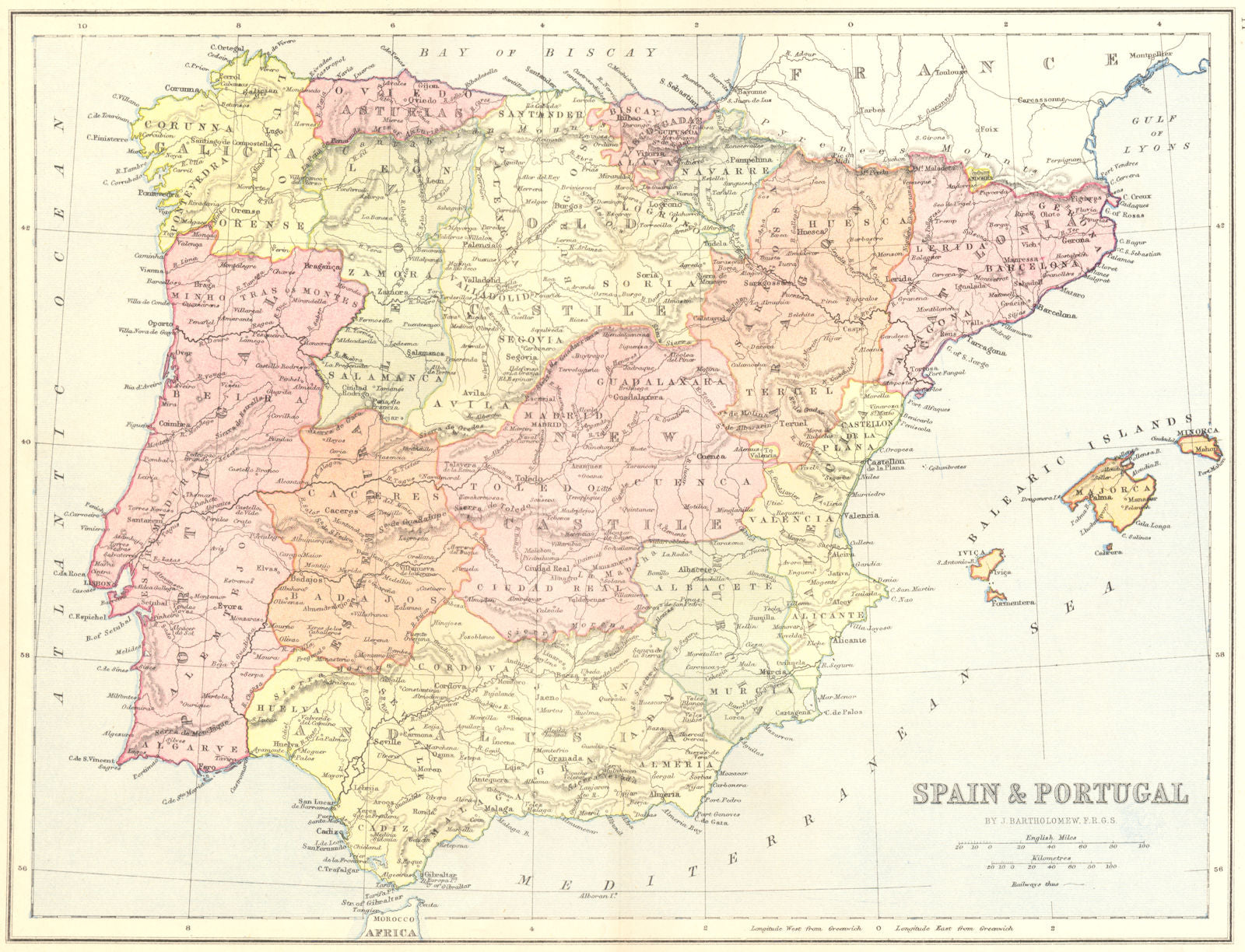 SPAIN. & Portugal 1870 old antique vintage map plan chart ...