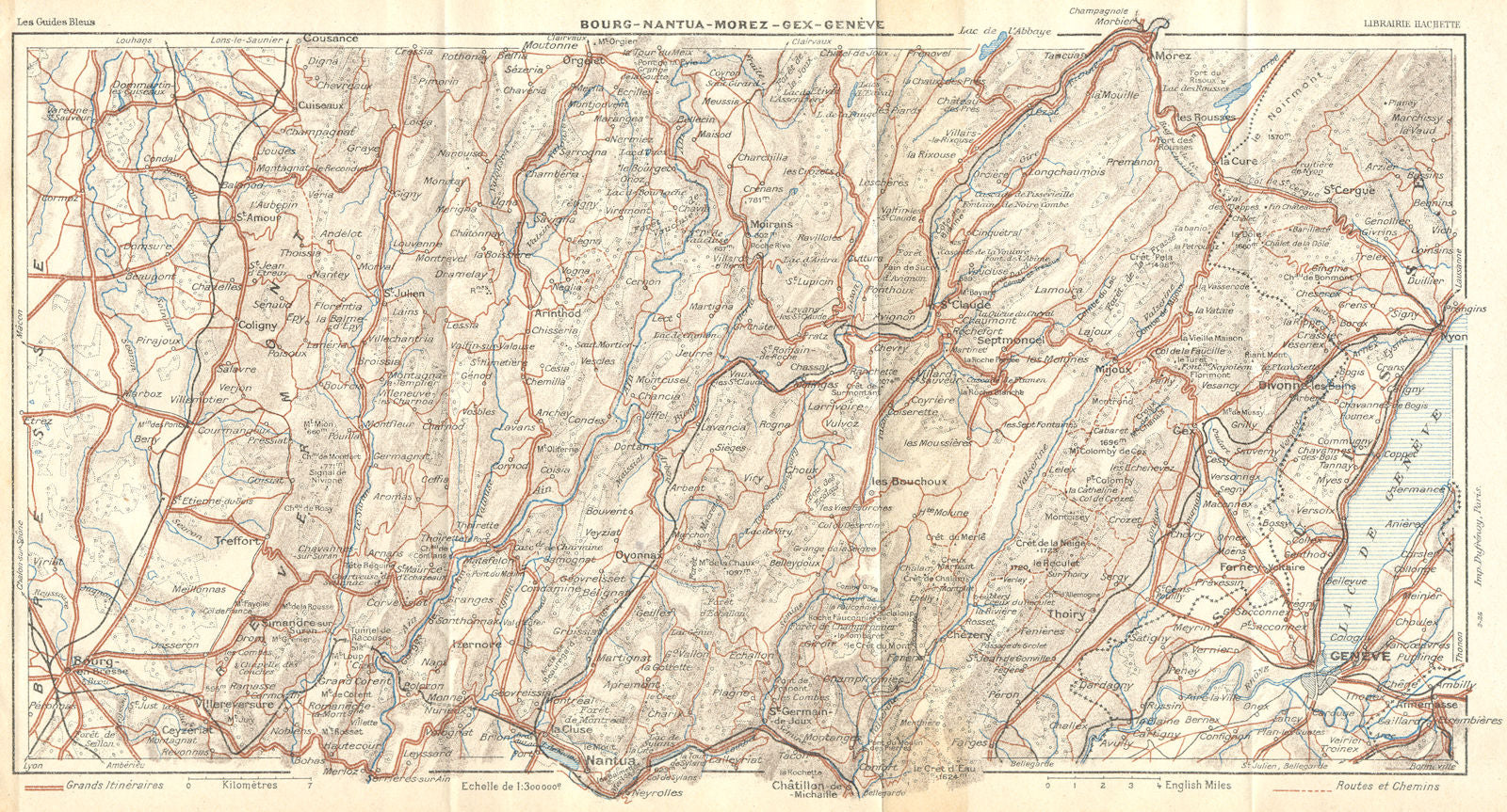 FRANCE. Bourg-Nantua-Morez-Gex-Genève(Geneva) 1924 old antique map plan ...