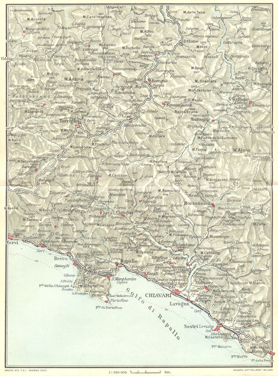ITALY. Nervi Rapallo Portofino Chiavari 1926 old vintage map plan chart ...
