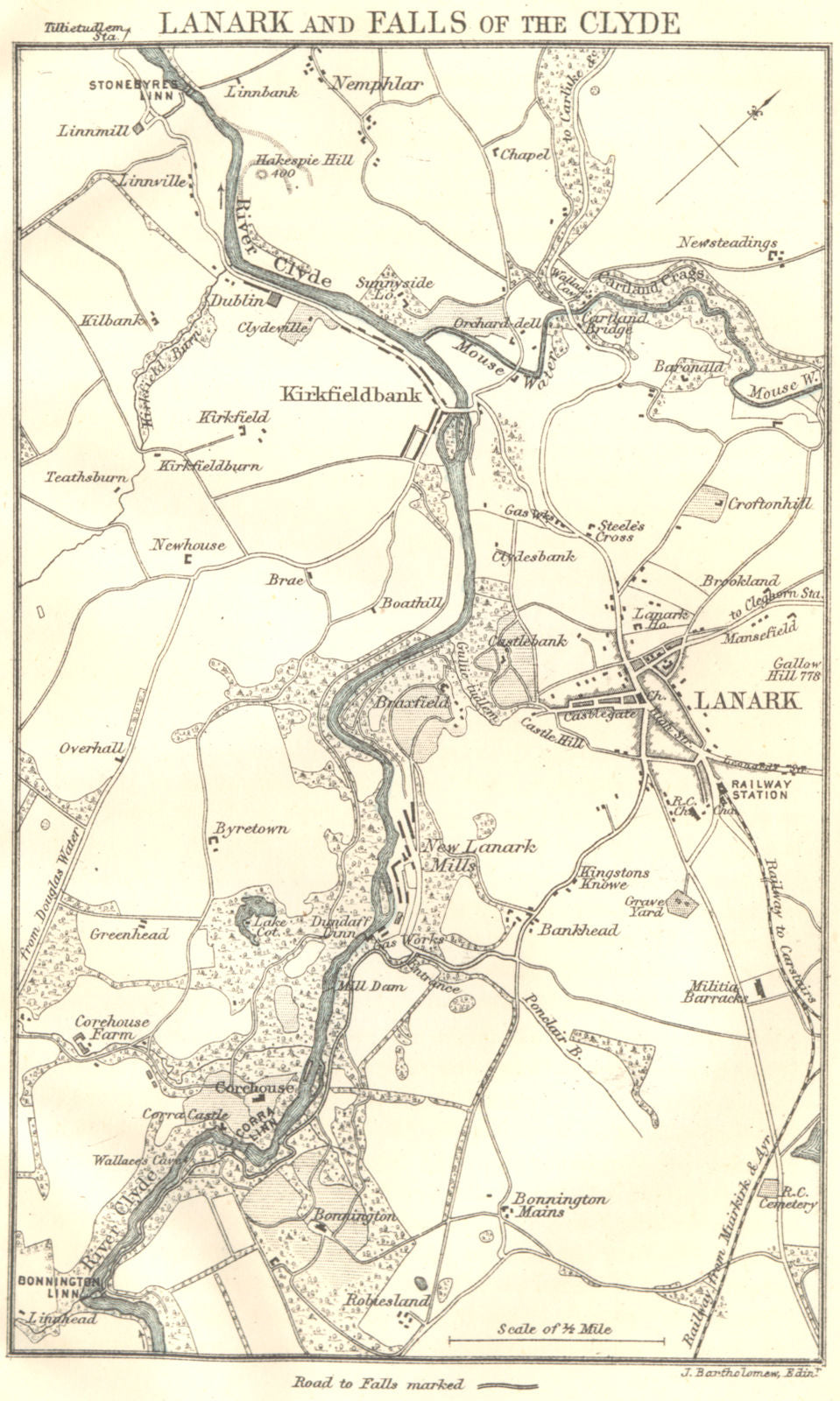 SCOTLAND. Lanark & the falls of Clyde. 1887 old antique vintage map ...