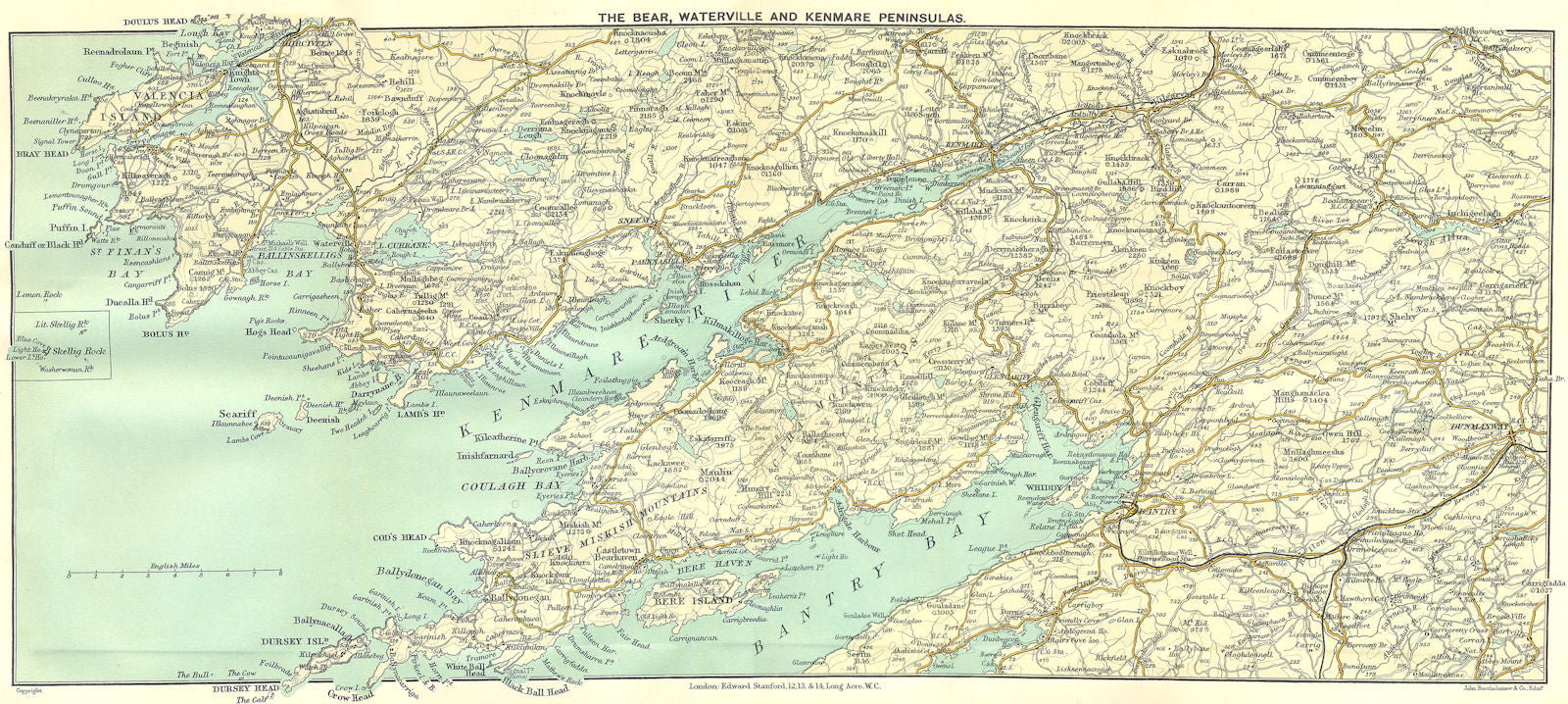 IRELAND. Bear, Waterville & Kenmare Peninsulas 1912 old antique map ...