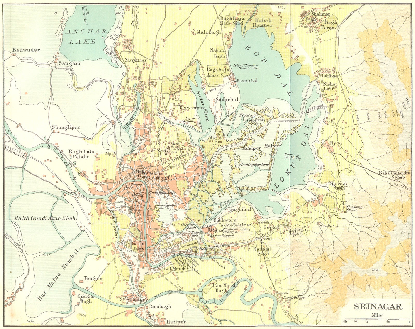 INDIA. Srinagar city & environs plan. Kashmir 1924 old antique map ...