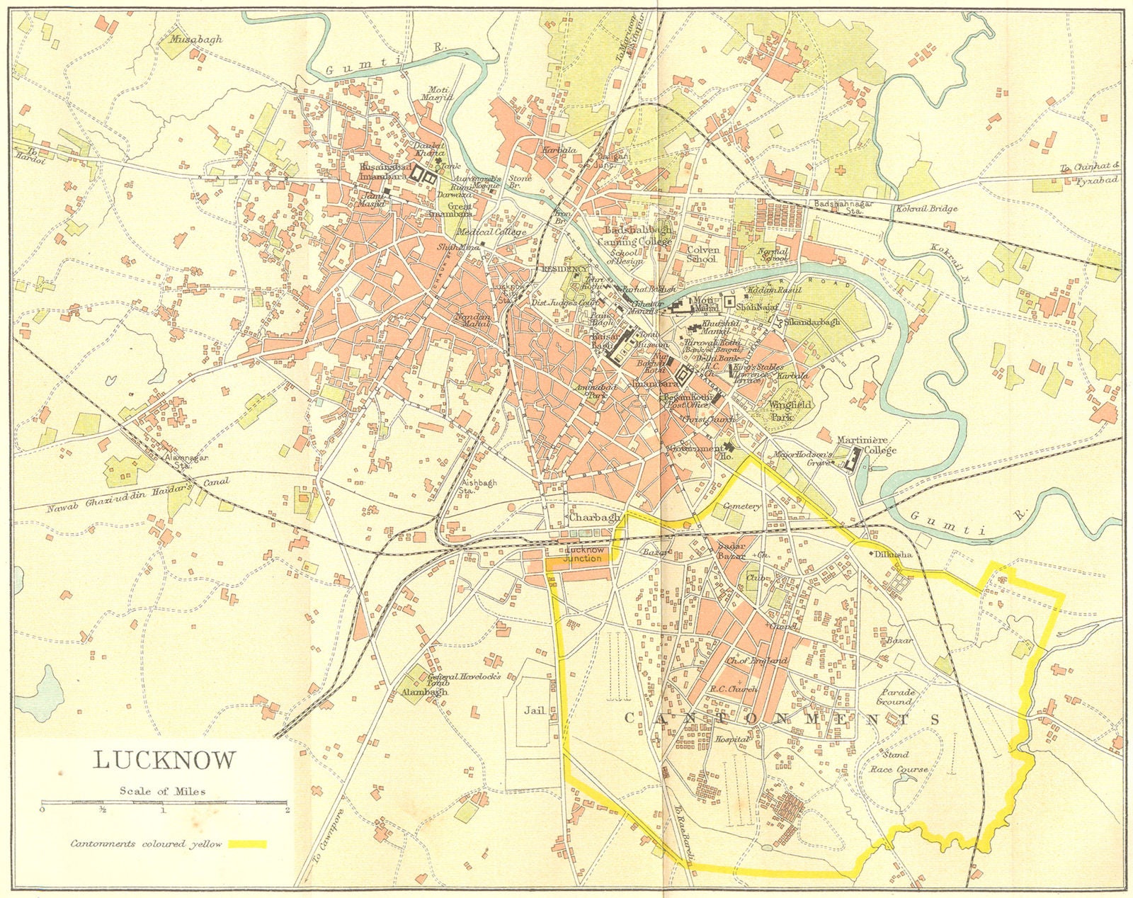 BRITISH INDIA. Lucknow city plan showing cantonment 1924 old antique ...