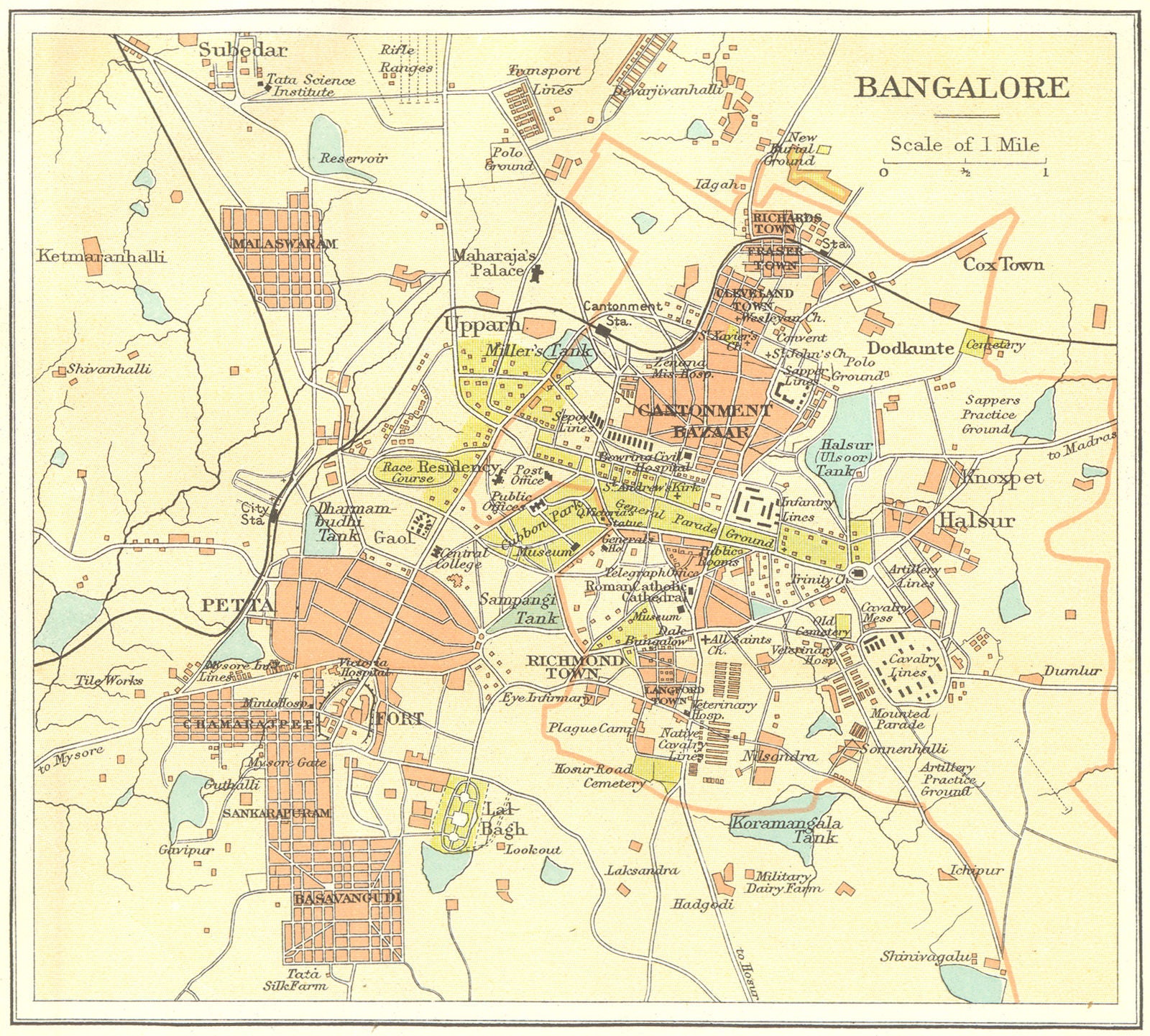 BRITISH INDIA. Bangalore (Bengaluru) city plan.Petta.Cantonment bazaar ...
