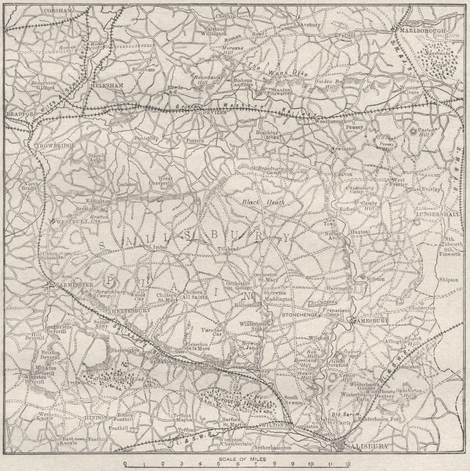 WILTS. sketch map Salisbury Plain 1898 old antique vintage plan chart ...