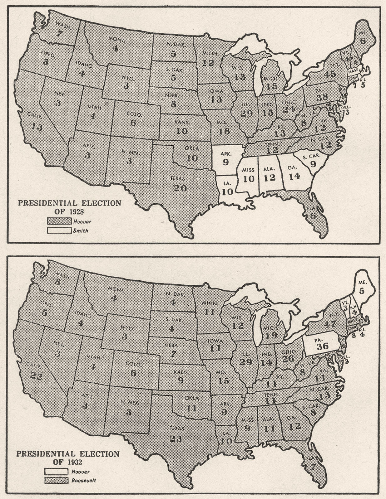 USA. Presidential Election of 1928, 1932, sketch map 1942 old vintage ...
