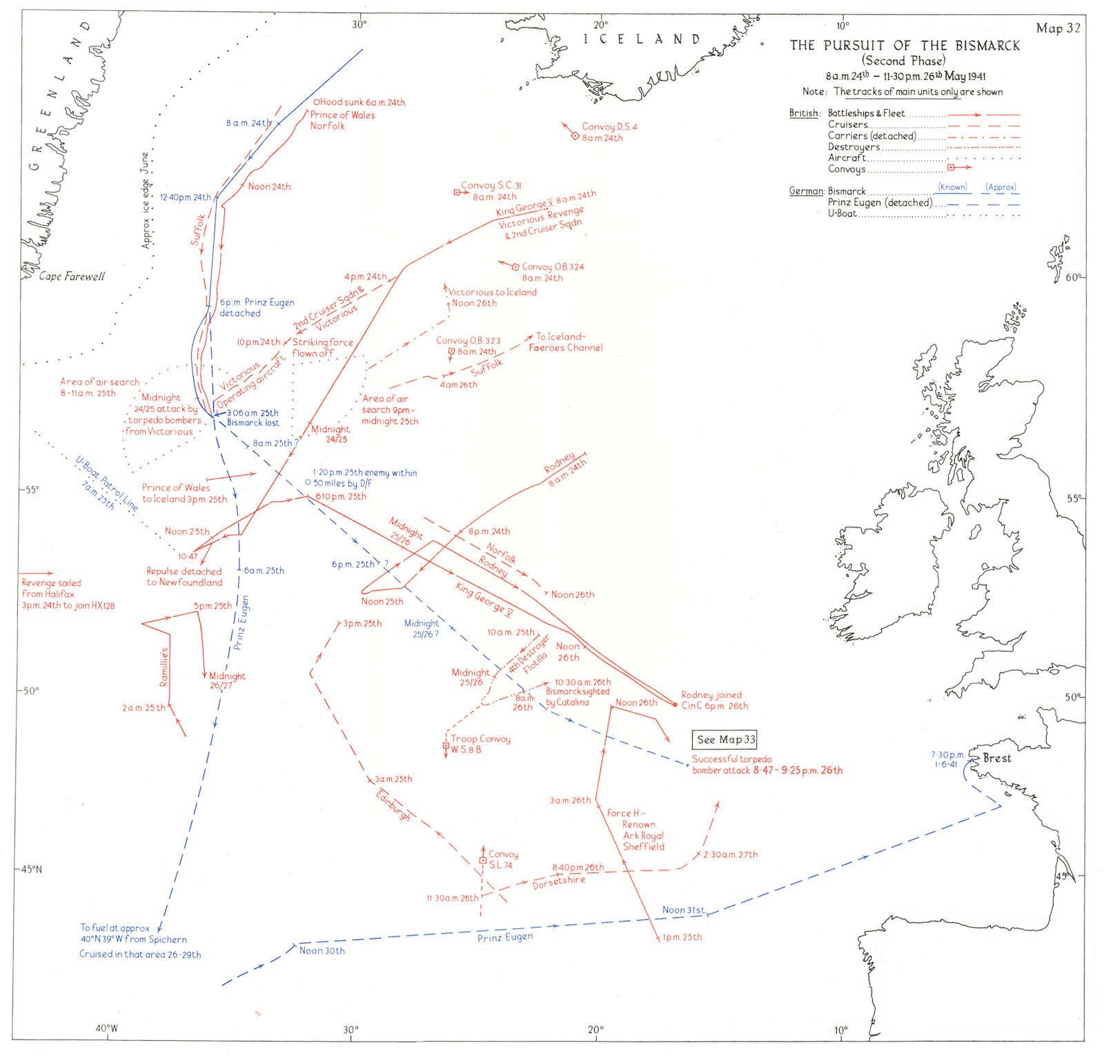 ATLANTIC. Pursuit of Bismarck 8 am 24th-11 30 pm 26th May 1941 1954 old ...