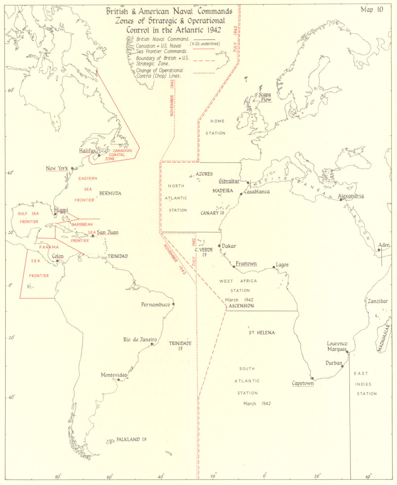 BATTLE OF THE ATLANTIC. British US Naval Command Zones 1942 1956 old ...