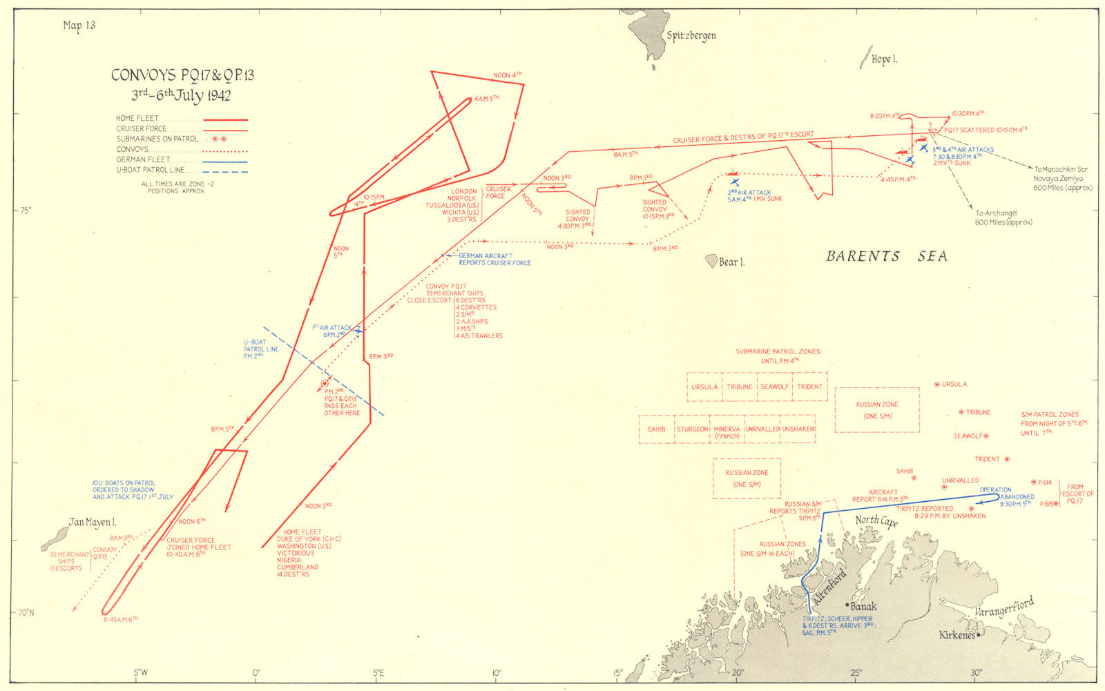 ARCTIC. Convoys PQ 17 & QP 13 3rd-6th July 1942 1956 old vintage map ...