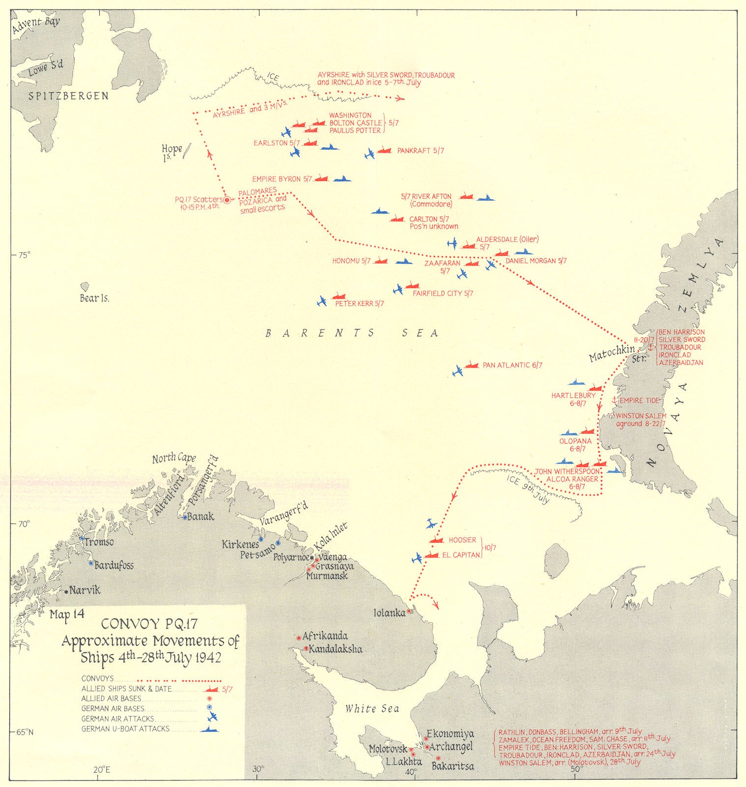 ARCTIC. Convoy PQ 17 movements of ships 4th-28th July 1942 1956 old map ...
