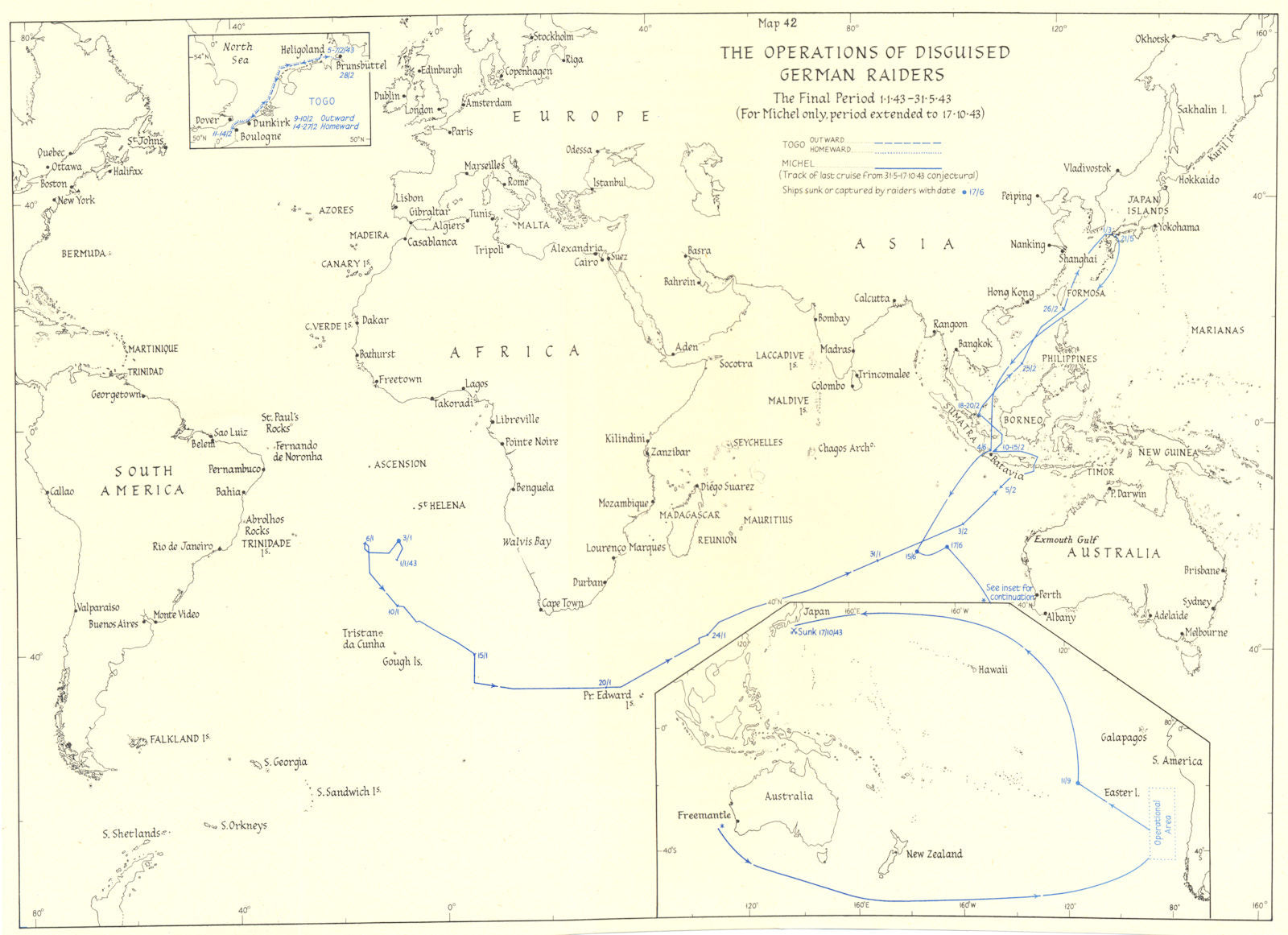 WW2 NAVAL WARFARE. Jan-May 1943 operations of disguised German Raiders ...