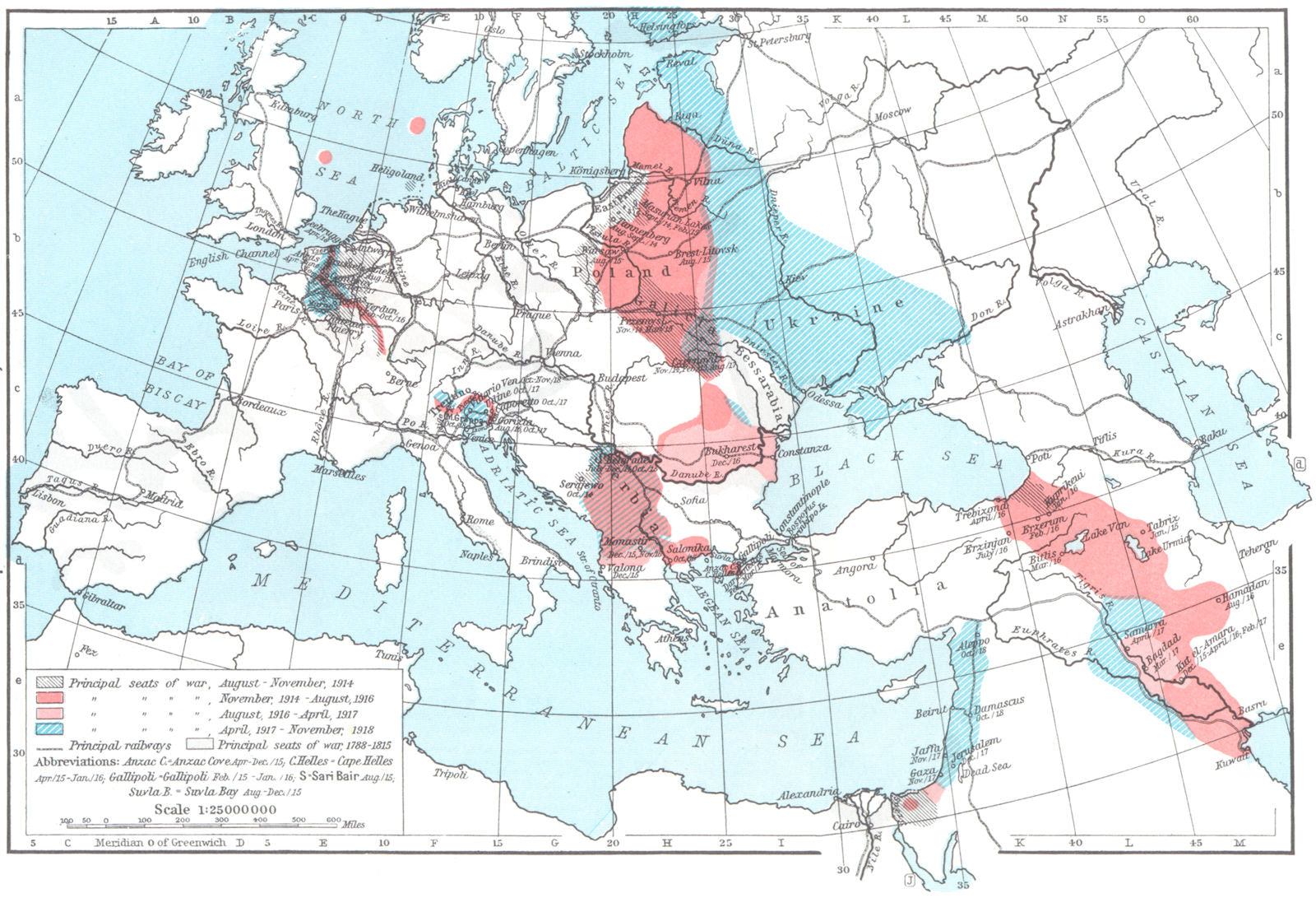 EUROPE. Principal seats of War, 1914-1918 1956 old vintage map plan ...