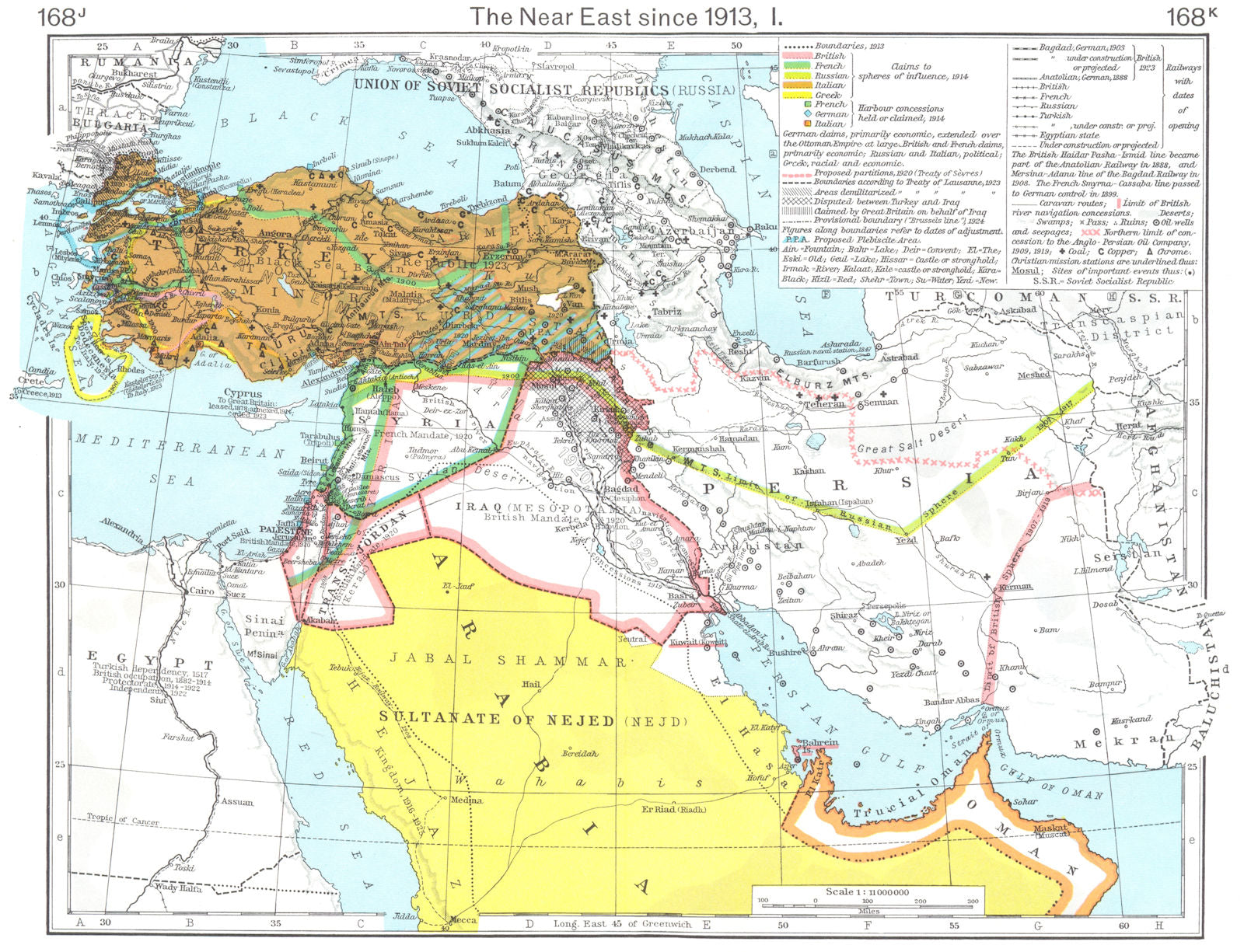 MIDDLE EAST. The near East since 1913, I 1956 old vintage map plan ...