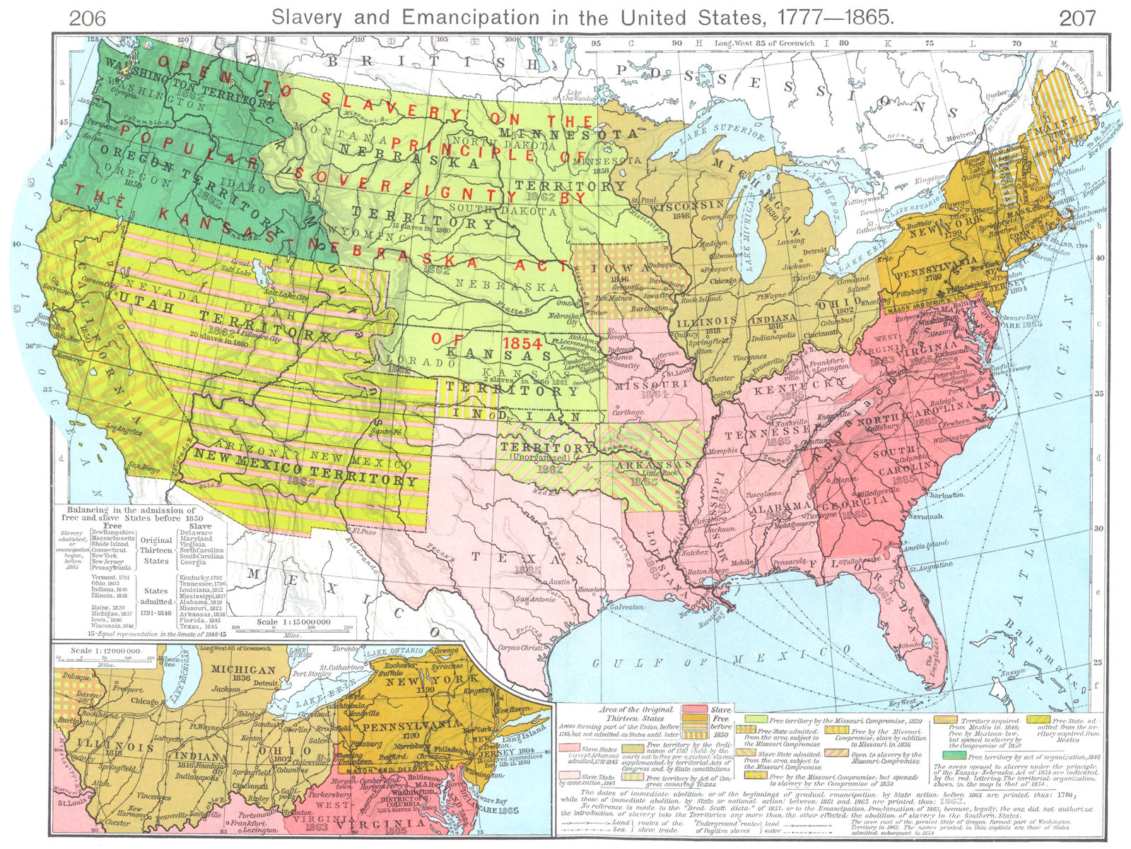 USA. Slavery & Emancipation US 1777-1865; Region south of Great Lakes ...