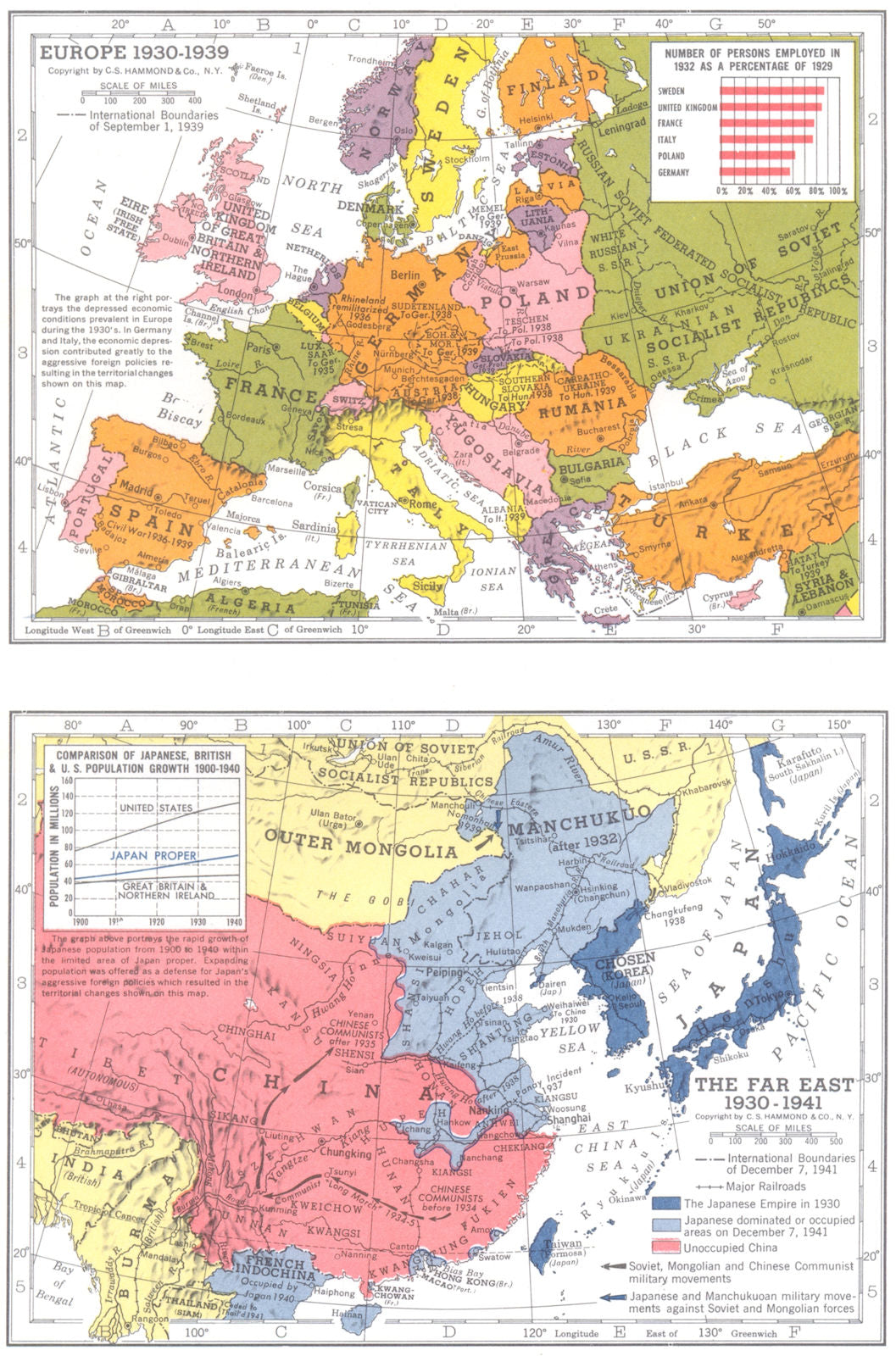 EUROPE. Europe, 1930-1939; The Far East, 1930-1941 1956 old vintage map ...