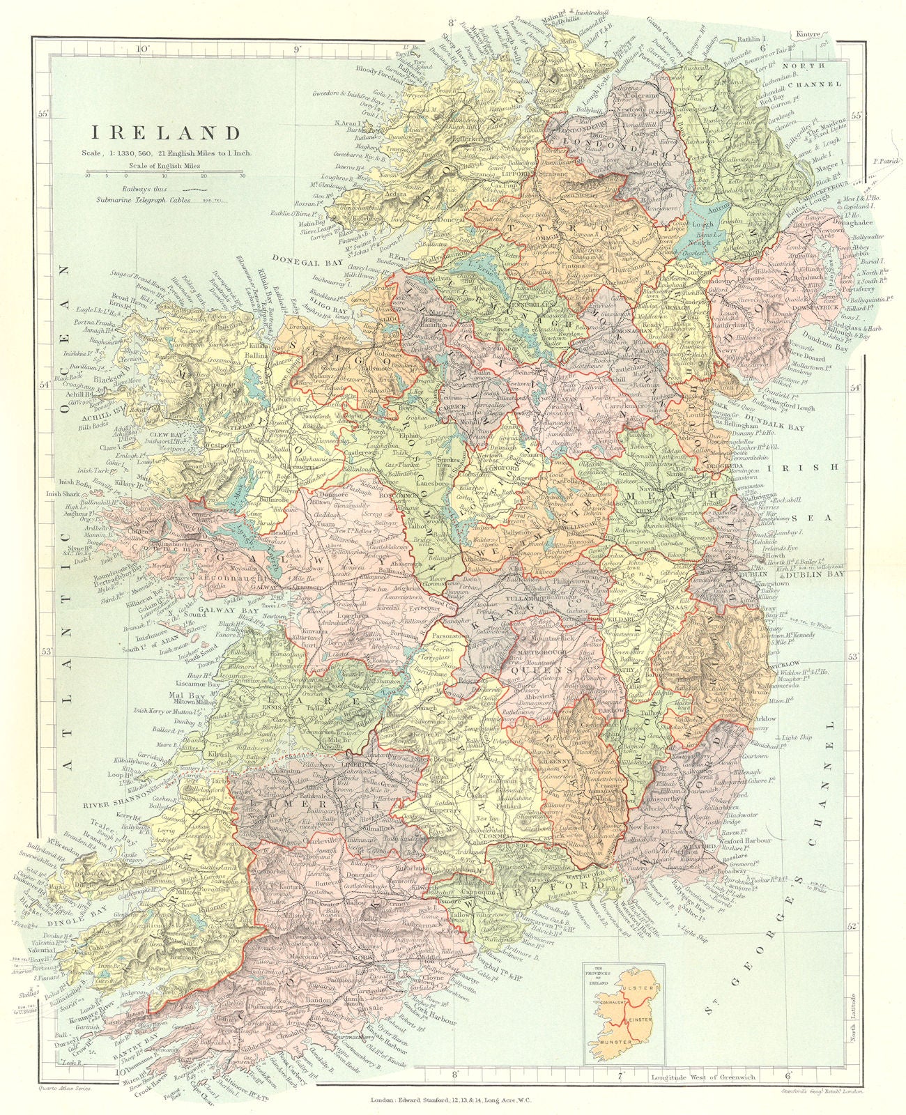 IRELAND. Showing counties, railways & towns. STANFORD 1906 old antique ...