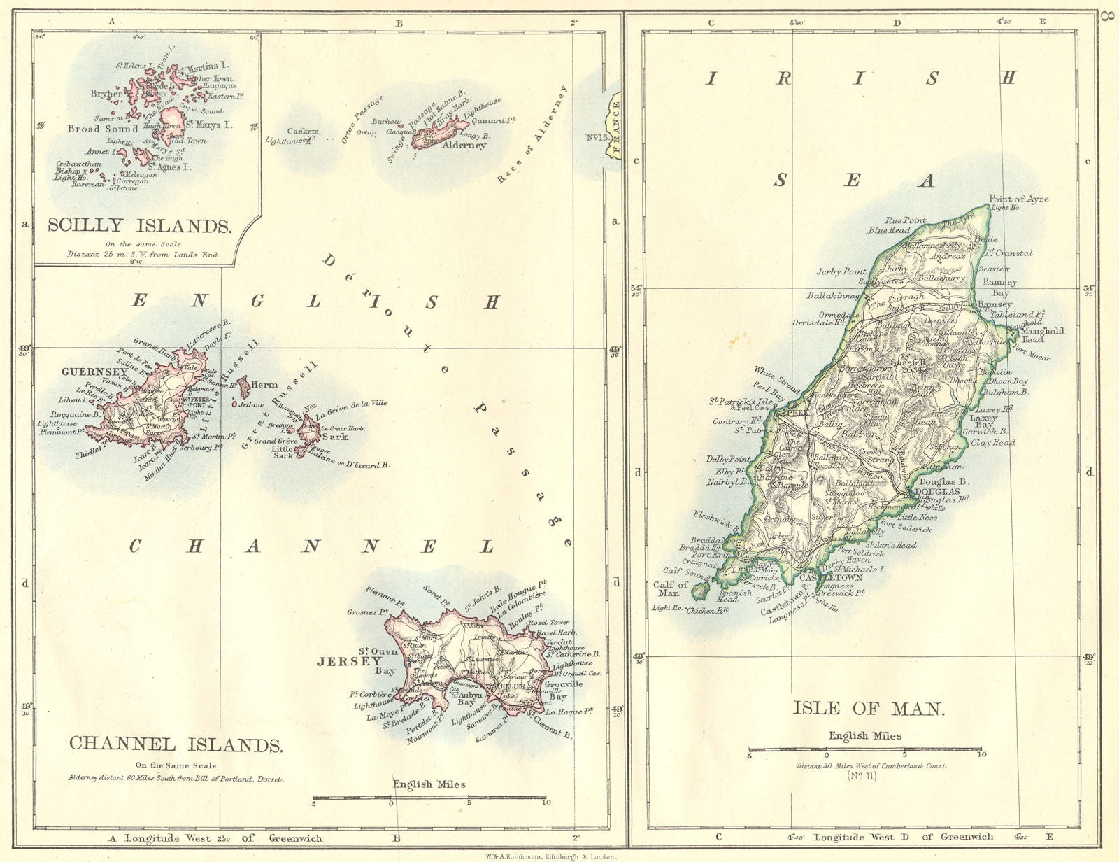 IOM. Isle of Man; Channel Islands; map Scilly 1897 old antique plan ...