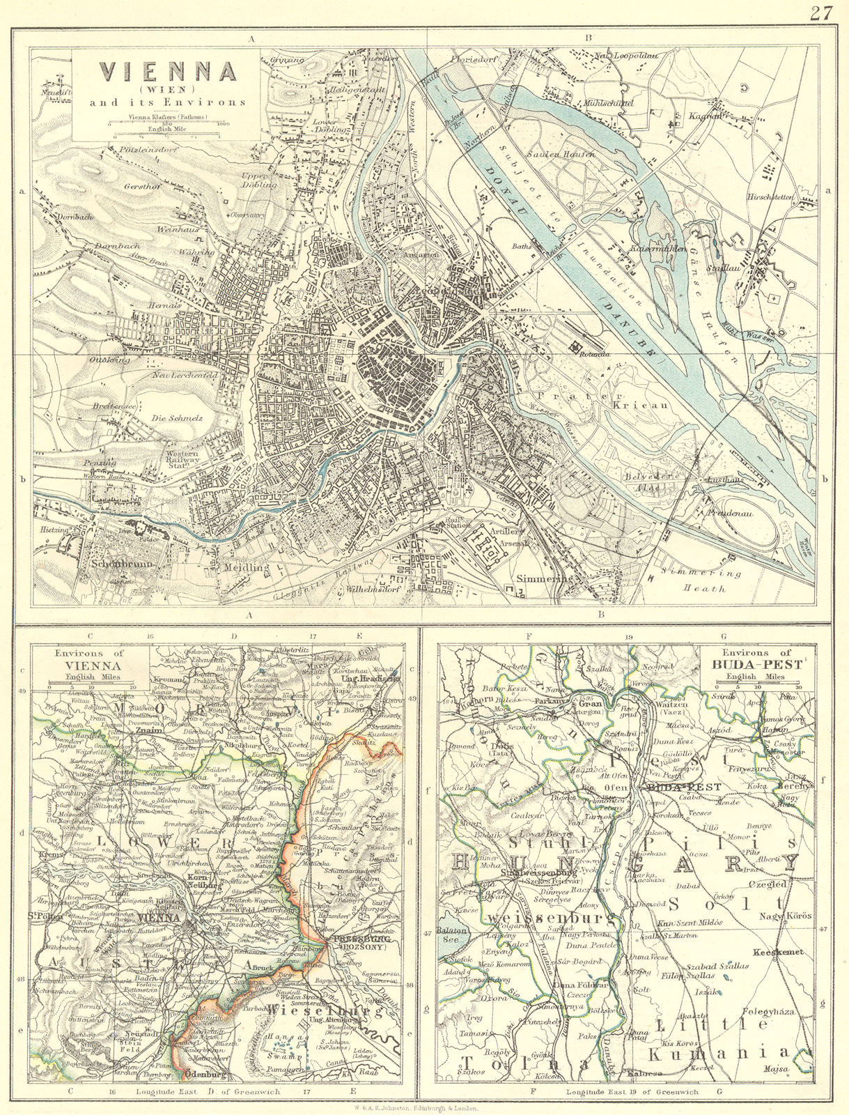 AUSTRIA. Vienna Wien area; Budapest 1897 old antique vintage map plan ...