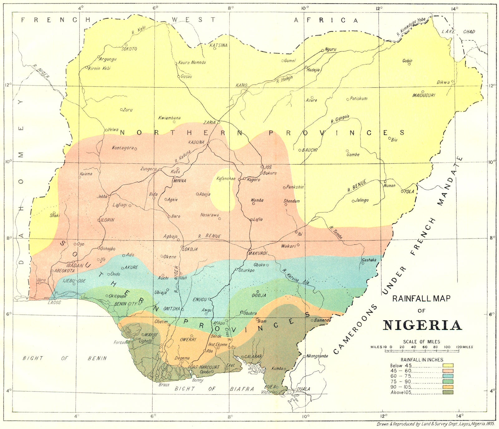 NIGERIA. Rainfall Map of Nigeria 1936 old vintage plan chart ...