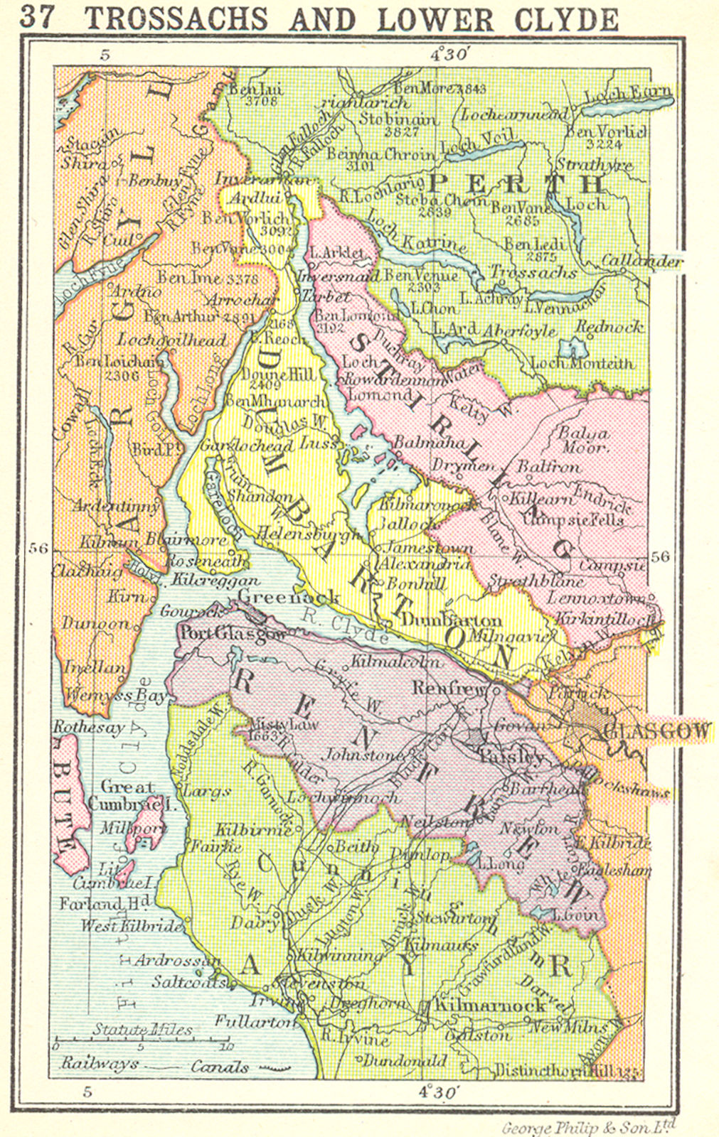 SCOTLAND. Trossachs and Lower Clyde; Small map 1912 old antique plan ...