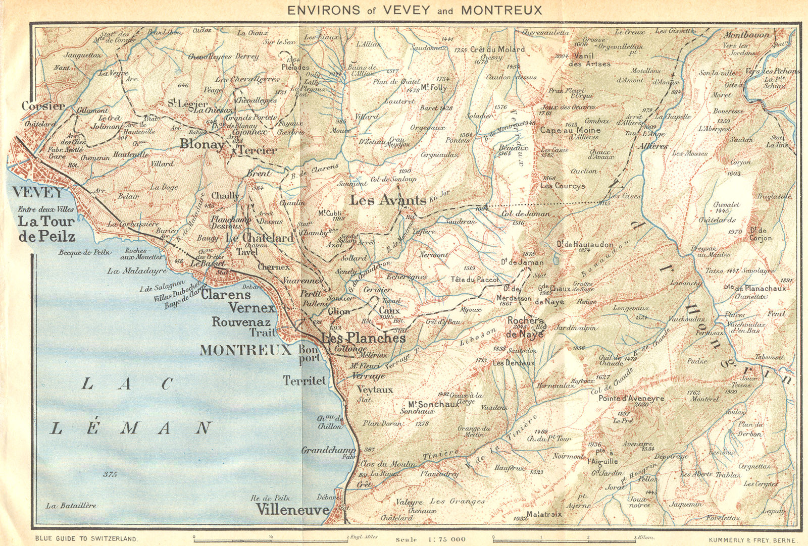 SWITZERLAND. Environs of Vevey and Montreux 1930 old vintage map plan ...