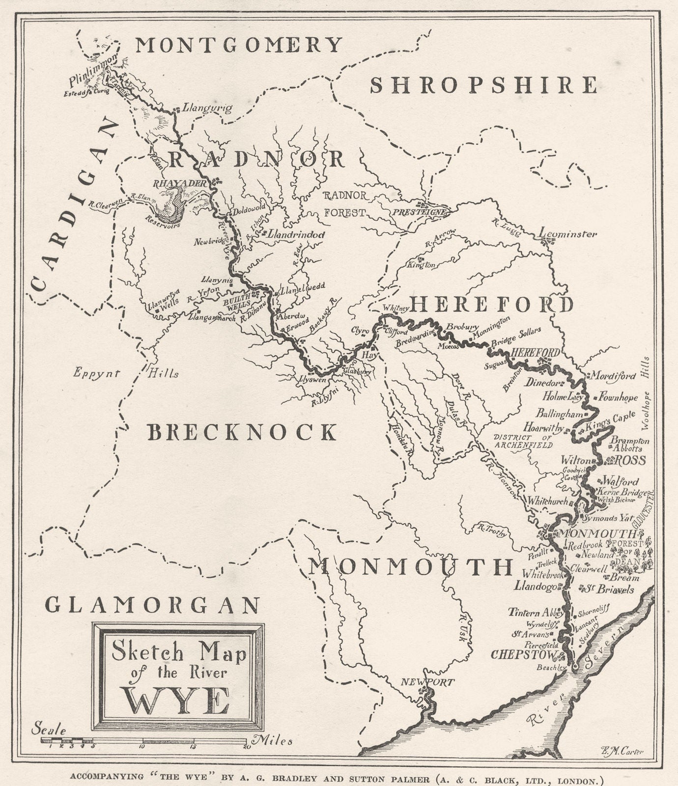 WALES. Sketch Map of the River Wye 1926 old vintage plan chart ...