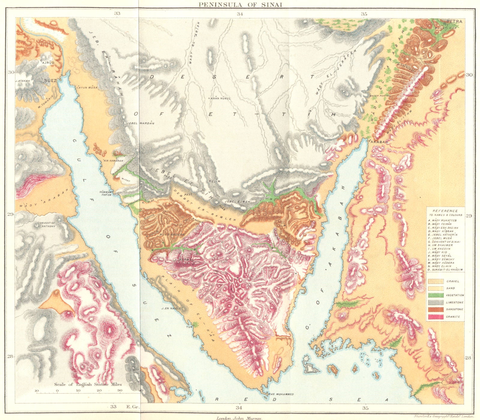 EGYPT. Peninsula of Sinai geological 1883 old antique vintage map plan ...