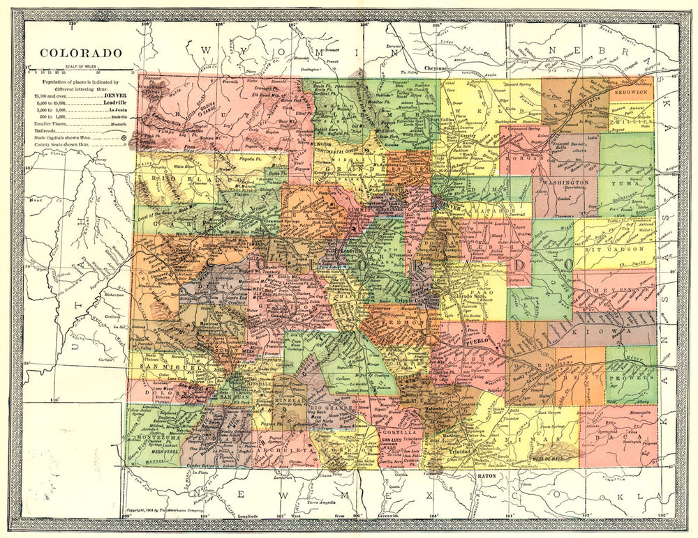 COLORADO state map. Counties 1907 old antique vintage plan chart ...