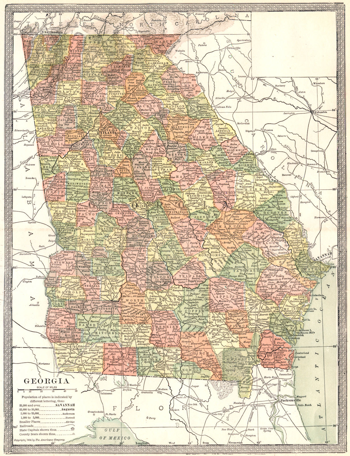 GEORGIA state map. Counties 1907 old antique vintage plan chart ...