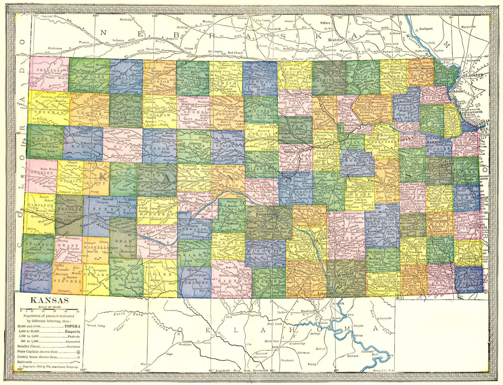 KANSAS state map. Counties 1907 old antique vintage plan chart ...