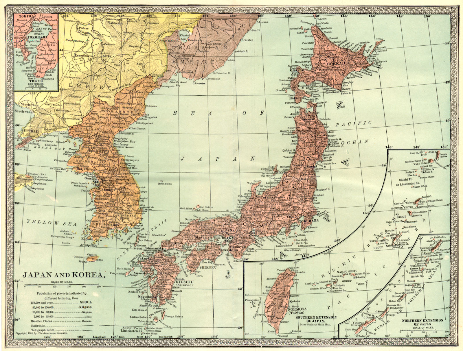 JAPAN & KOREA. Formosa/Taiwan. Inset Tokyo bay & Yokohama 1907 old ...