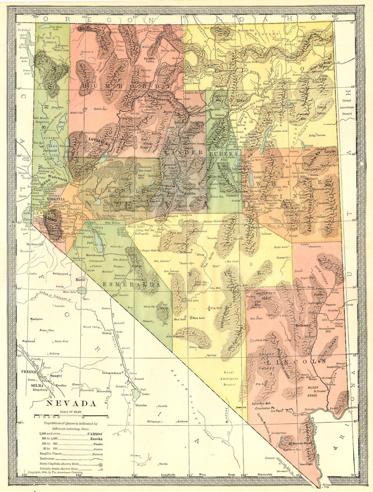 NEVADA state map. Counties 1907 old antique vintage plan chart ...