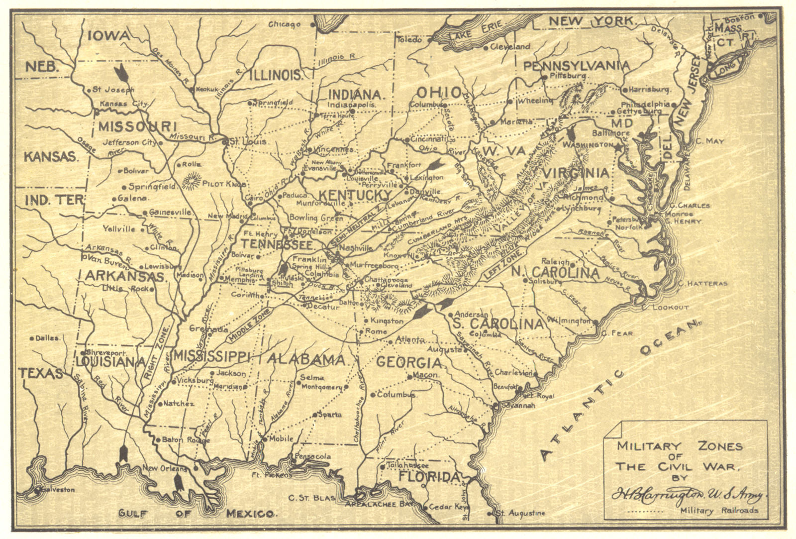 Military zones of the AMERICAN CIVIL WAR. Railroads 1907 old antique ...