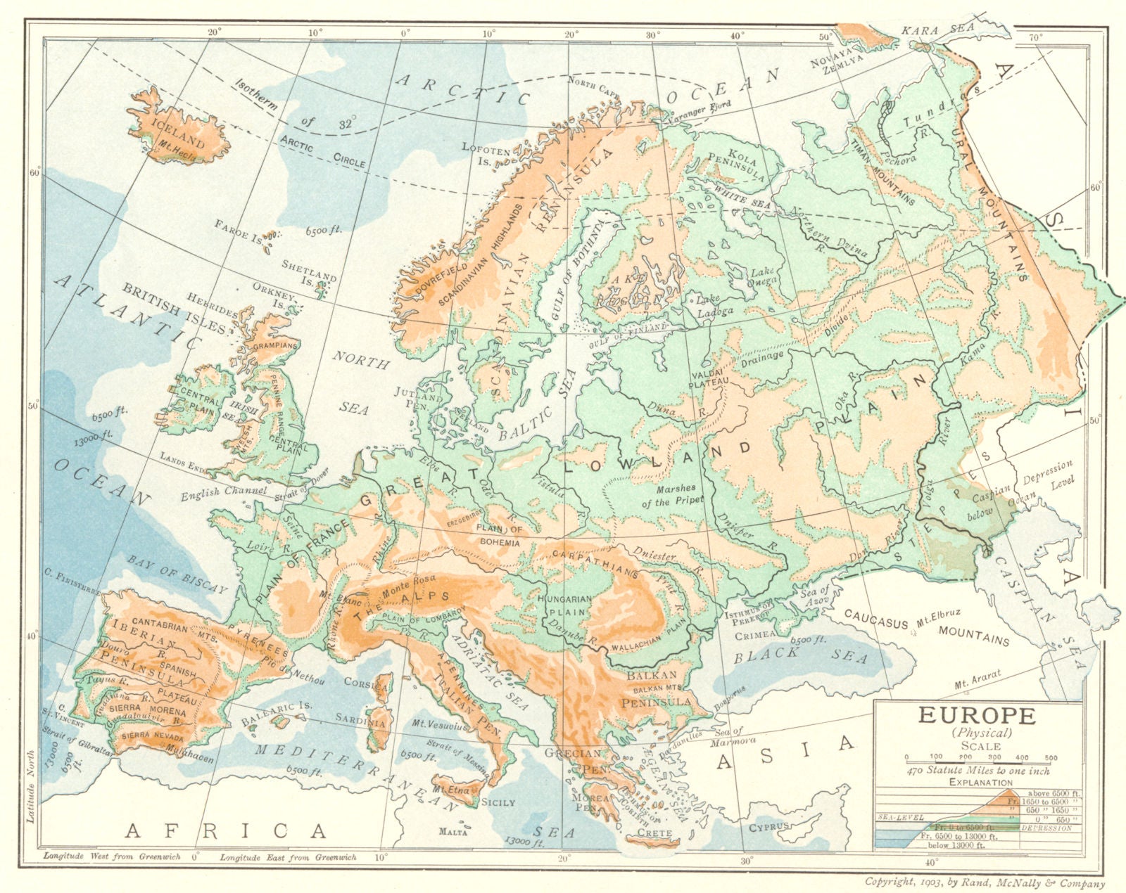 Europe (Physical). Mountains plains 1907 old antique vintage map plan ...