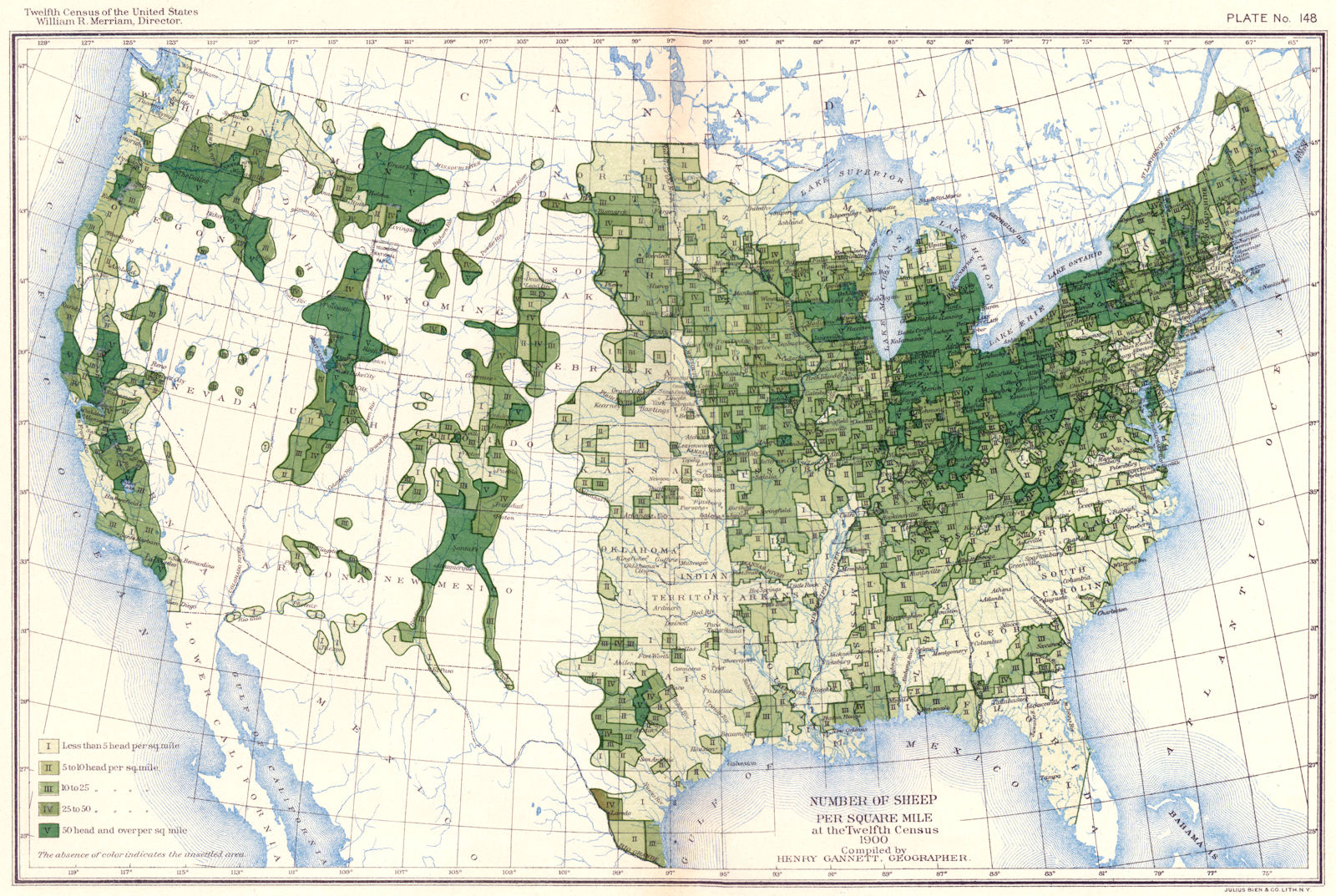USA. Number of sheep / sq mile at 12th census 1900 old antique map plan ...