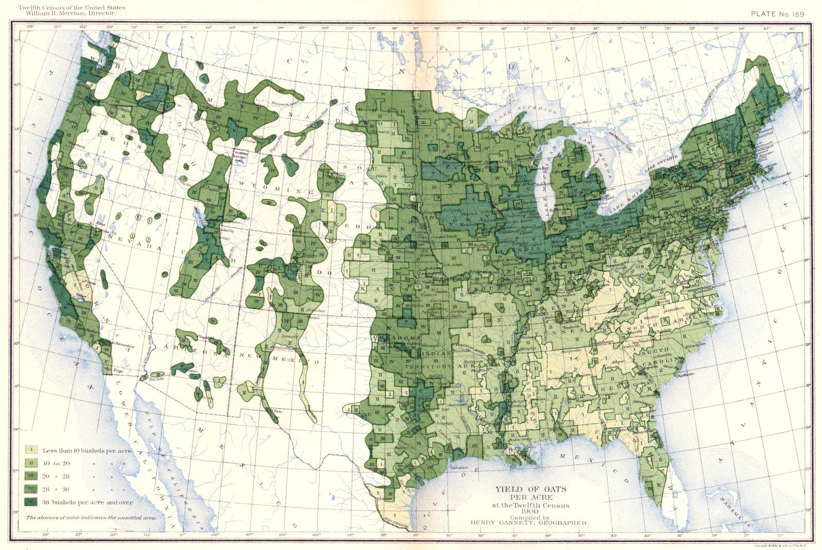 USA. Yield of Oats per acre at the twelfth census 1900 old antique map ...