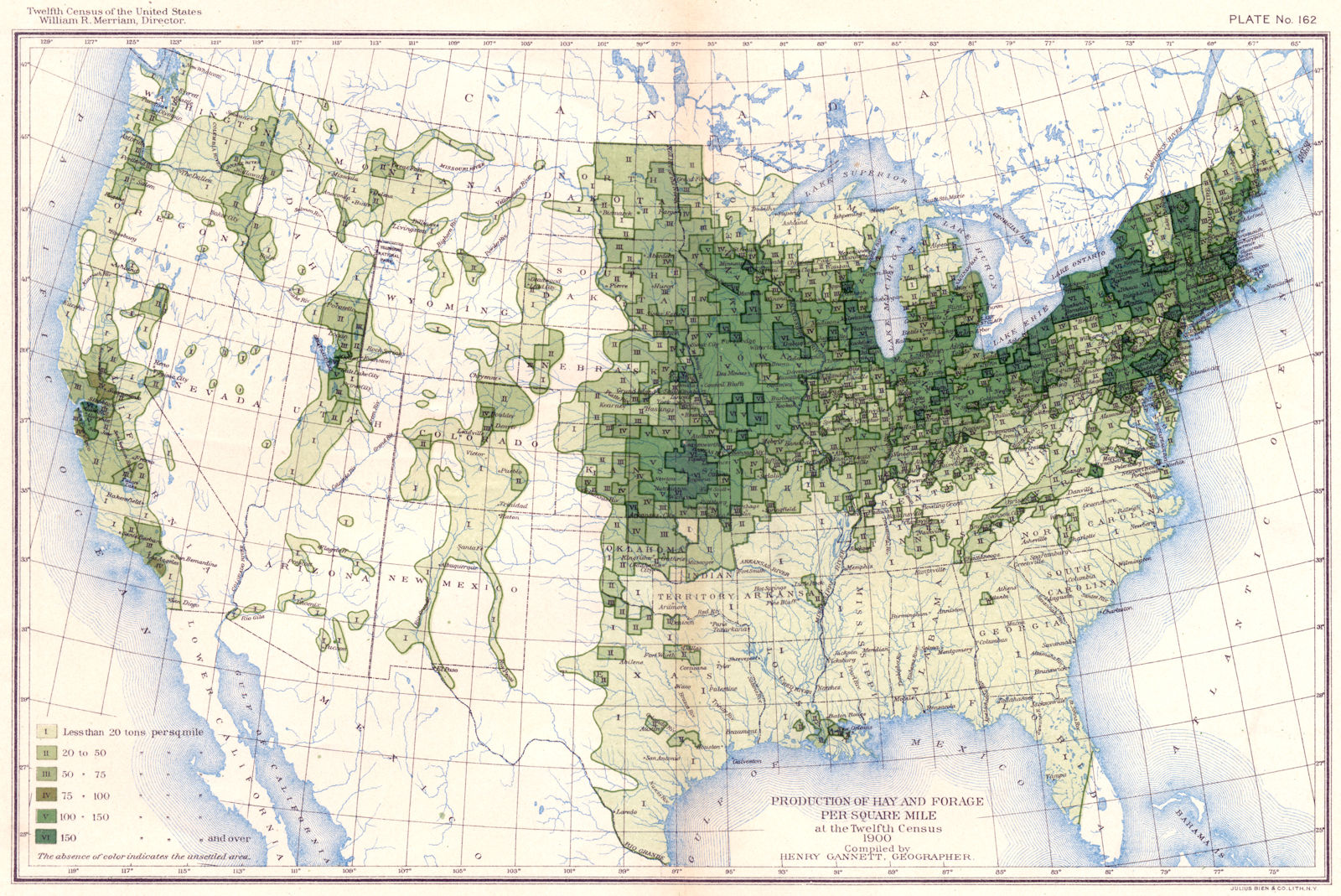 USA. Production of hay & forage / sq mile at 12th Census 1900 old ...