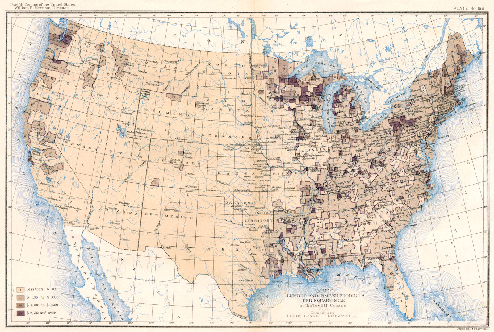 USA. Value of lumber & timber products / sq mile at 12th census 1900 ...